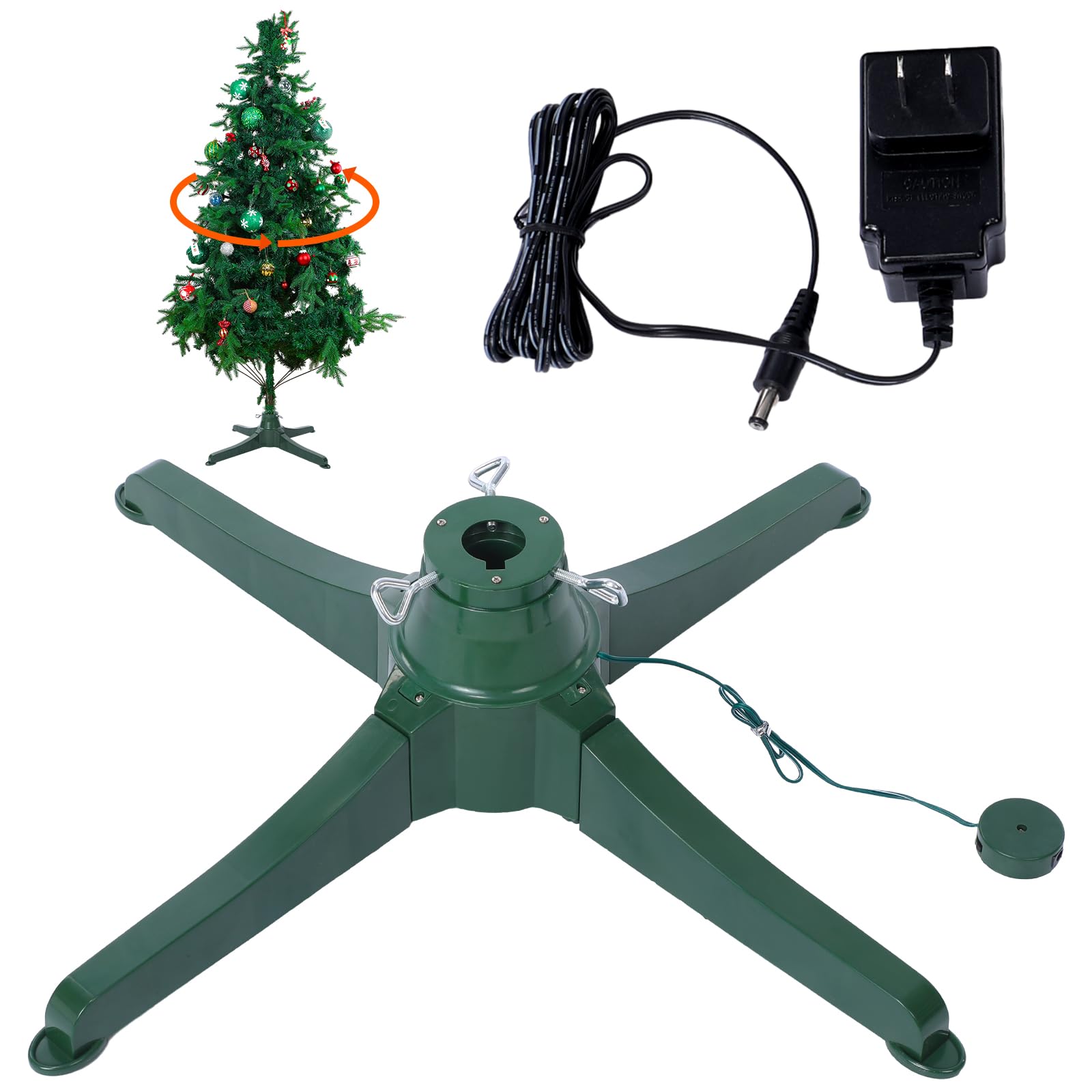 Xuhal 360 Degree Rotating Christmas Tree Stand Artificial Christmas Tree Stand Revolving Tree Spinner Stand Green Xmas Tree Base with Power Supply Adapter (25.98'', for Up to 7.5ft and 80 Pounds Tree)
