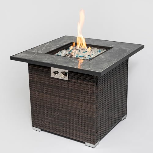 WOXYX 30inch Outdoor Fire Pit Table,40000BTU Rattan Gas Firepit Tables with Glass Rocks and Rain Cover