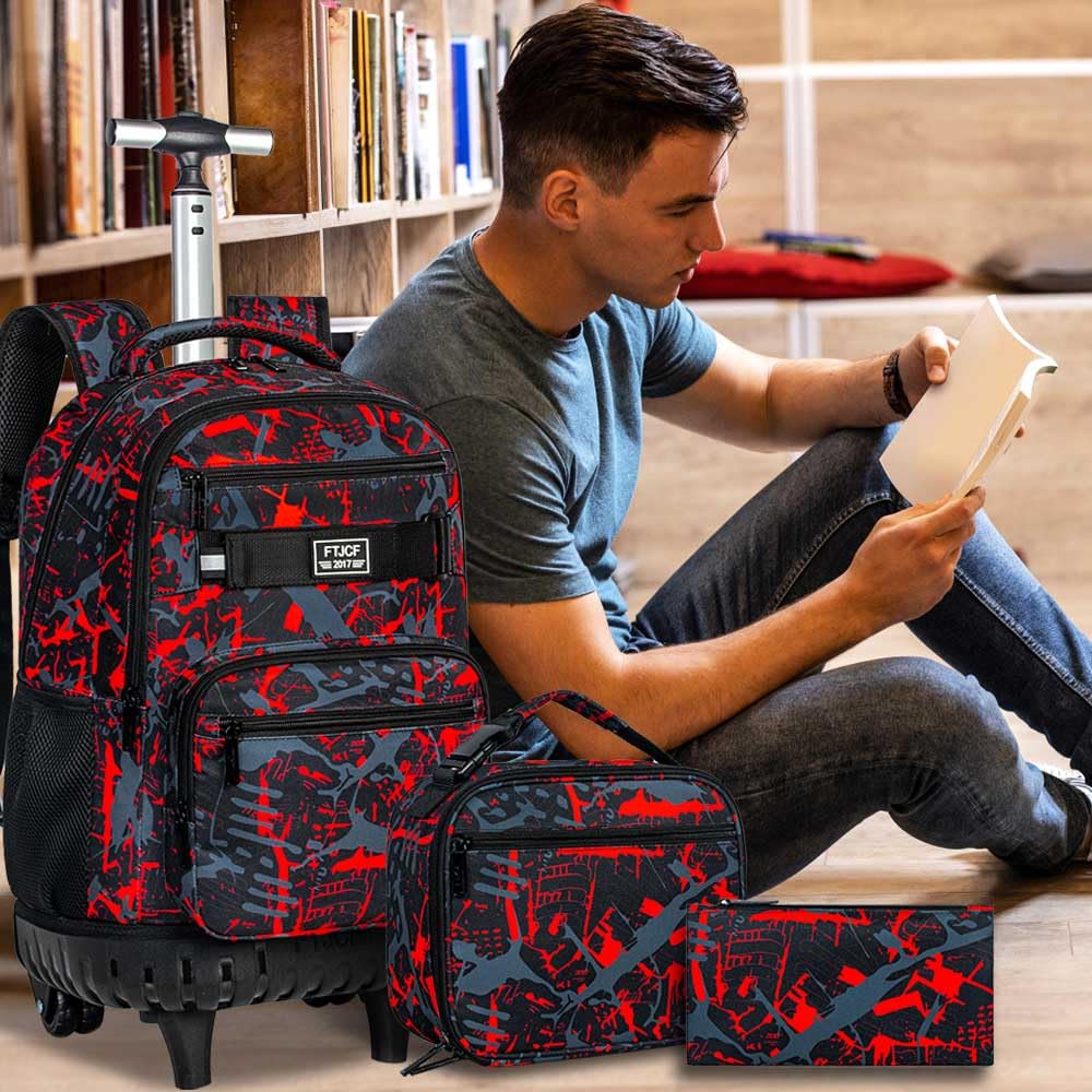 ZLYERT 3Pcs Rolling Backpack for Boys Men, Travel Roller Backpacks with Wheels for Adults, Teens College Graffiti Wheeled Bookbag with Lunch Box(Blue)
