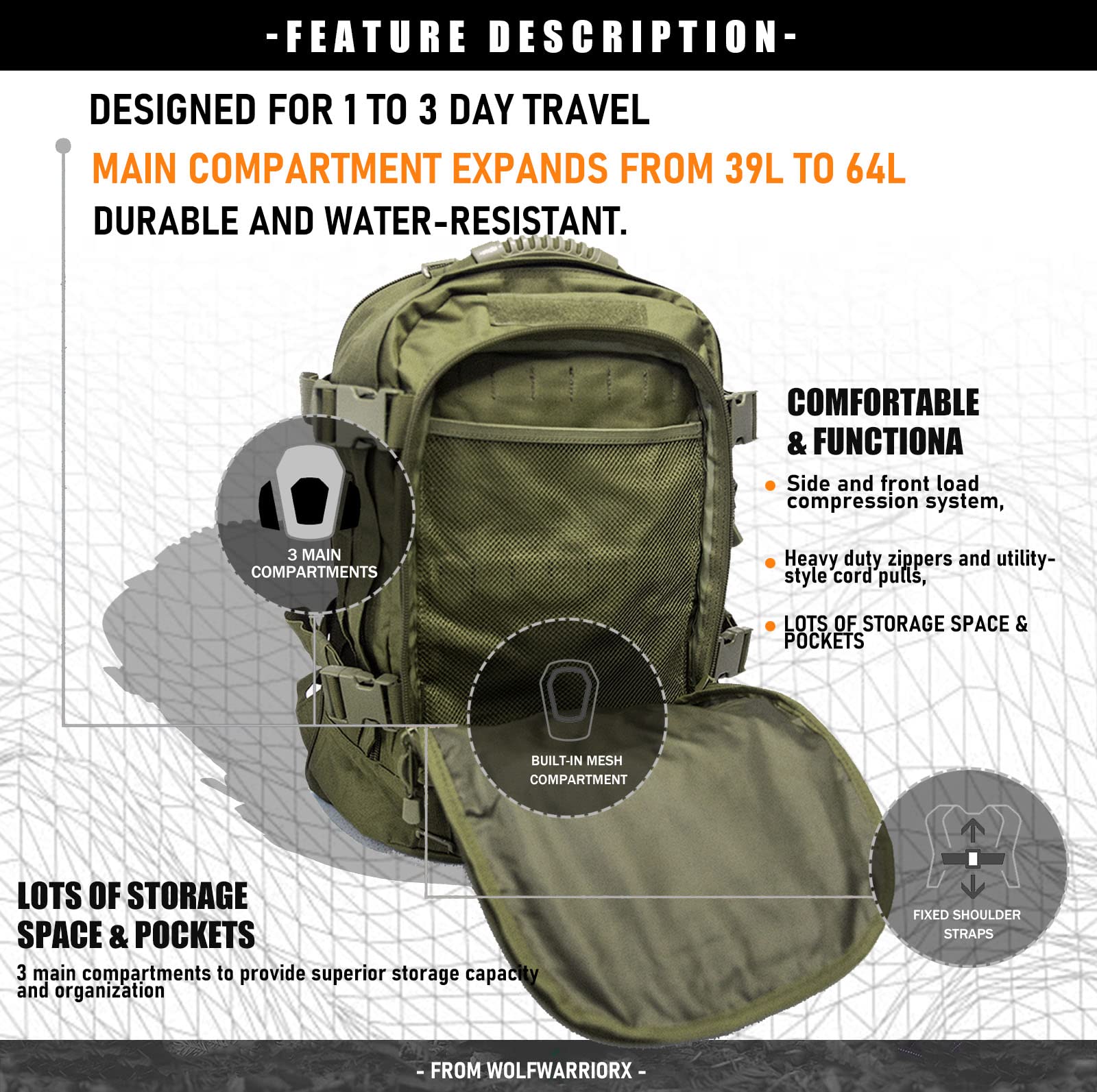 WolfWarriorX Backpack Military Backpacks for Men Tactical 3 Day Expandable Bag