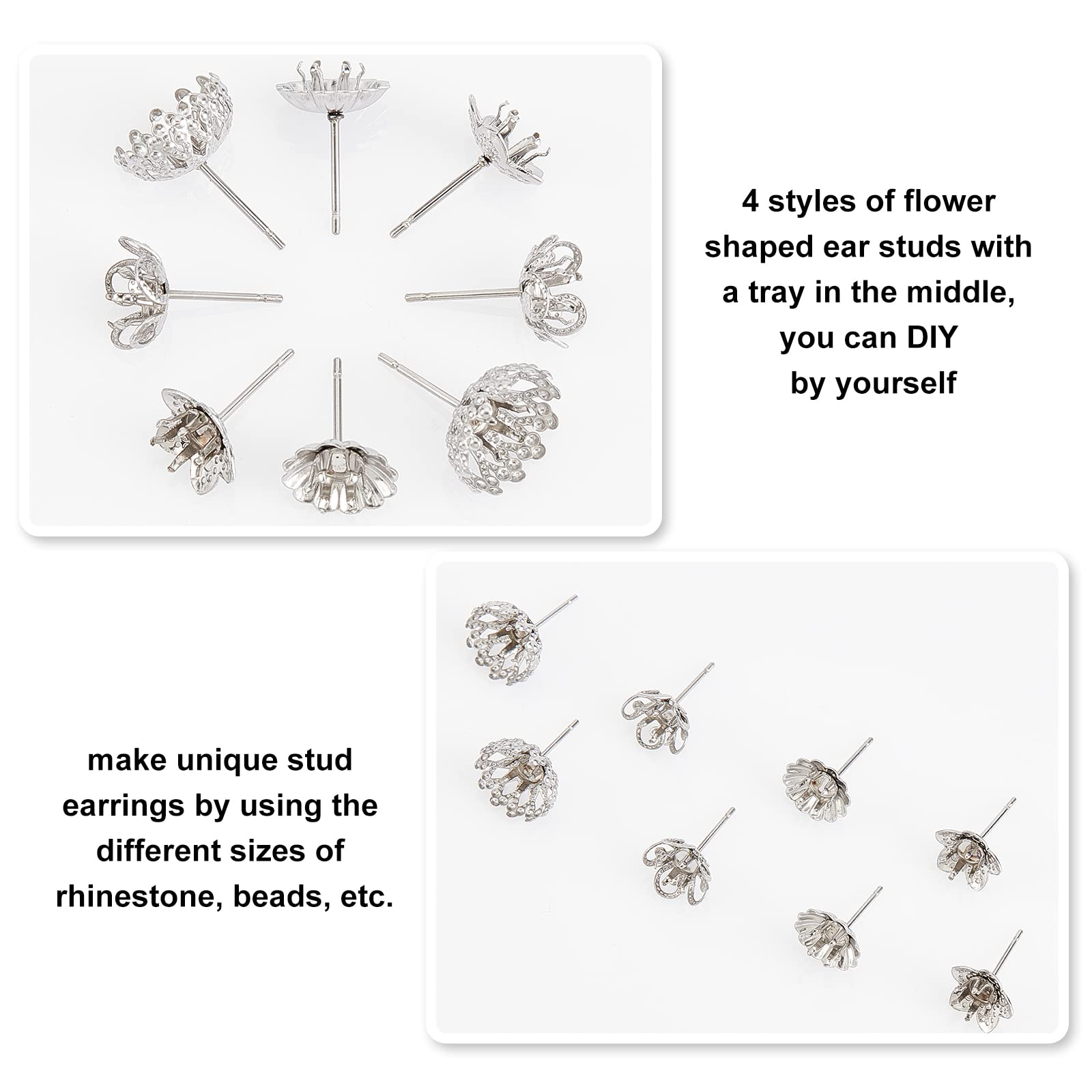 UNICRAFTALE 40Pcs 4 Style Flower Stud Earring Findings 304 Stainless Steel Stud Stud Earring Settings for Rhinestone Earring Posts Rhinestone Bezel for DIY Stud Earring Making