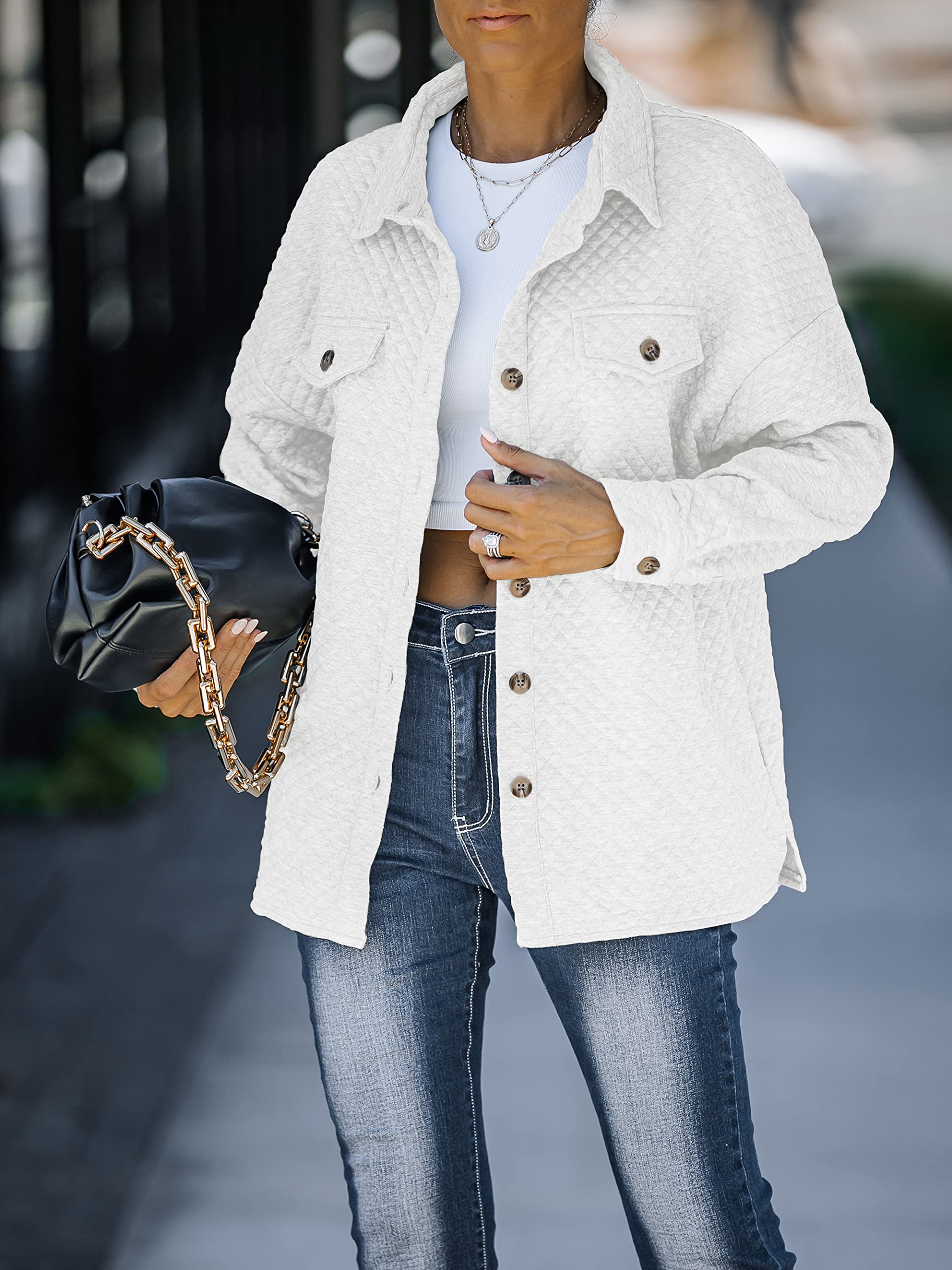 ZESICA Women's Casual Long Sleeve Button Down Loose Lightweight Shacket Shirt Jacket Coat Outerwear with Pockets,White,Medium