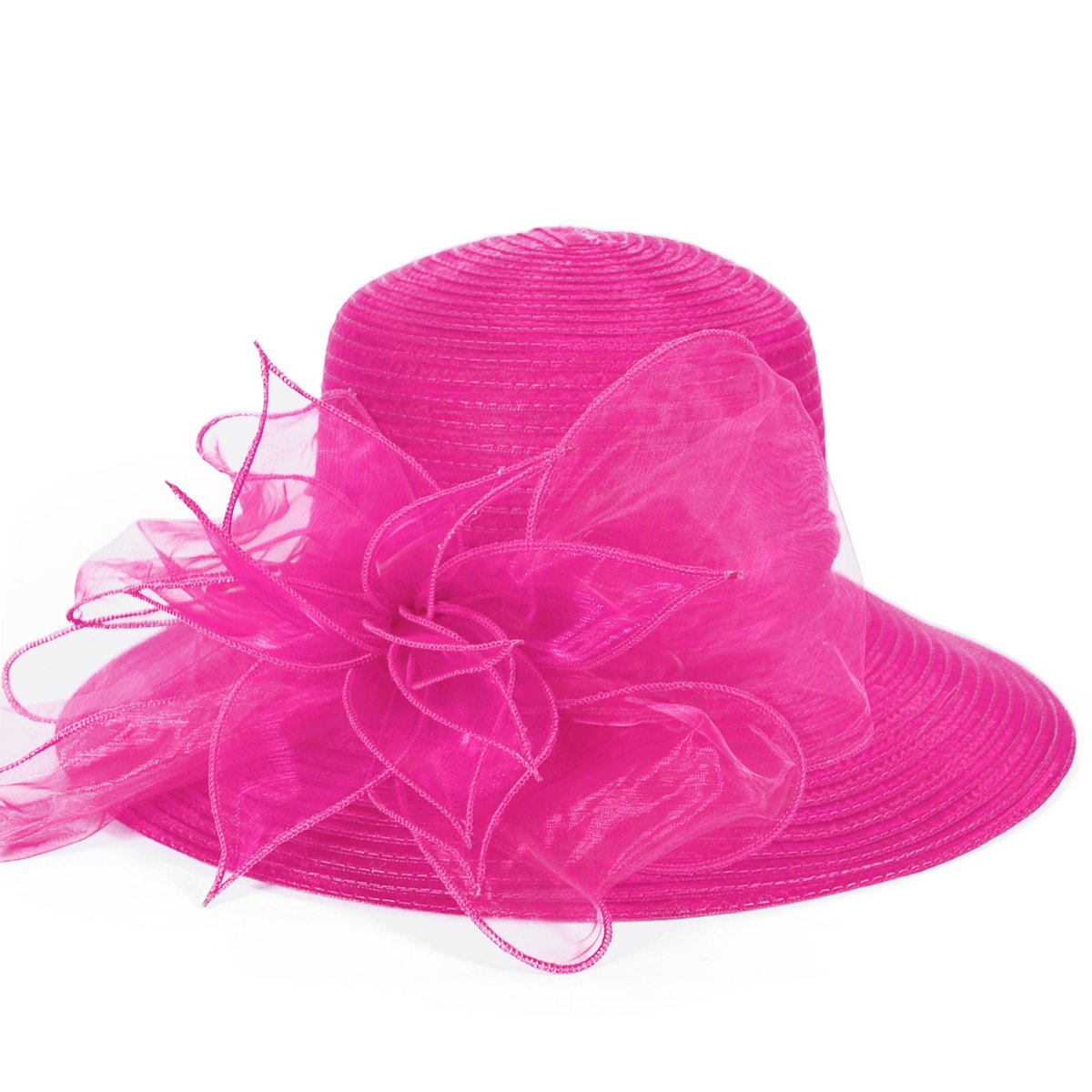 Women Derby Church Dress Hat Wide Brim Leaf Flower Bridal Shower Hat (Rose)