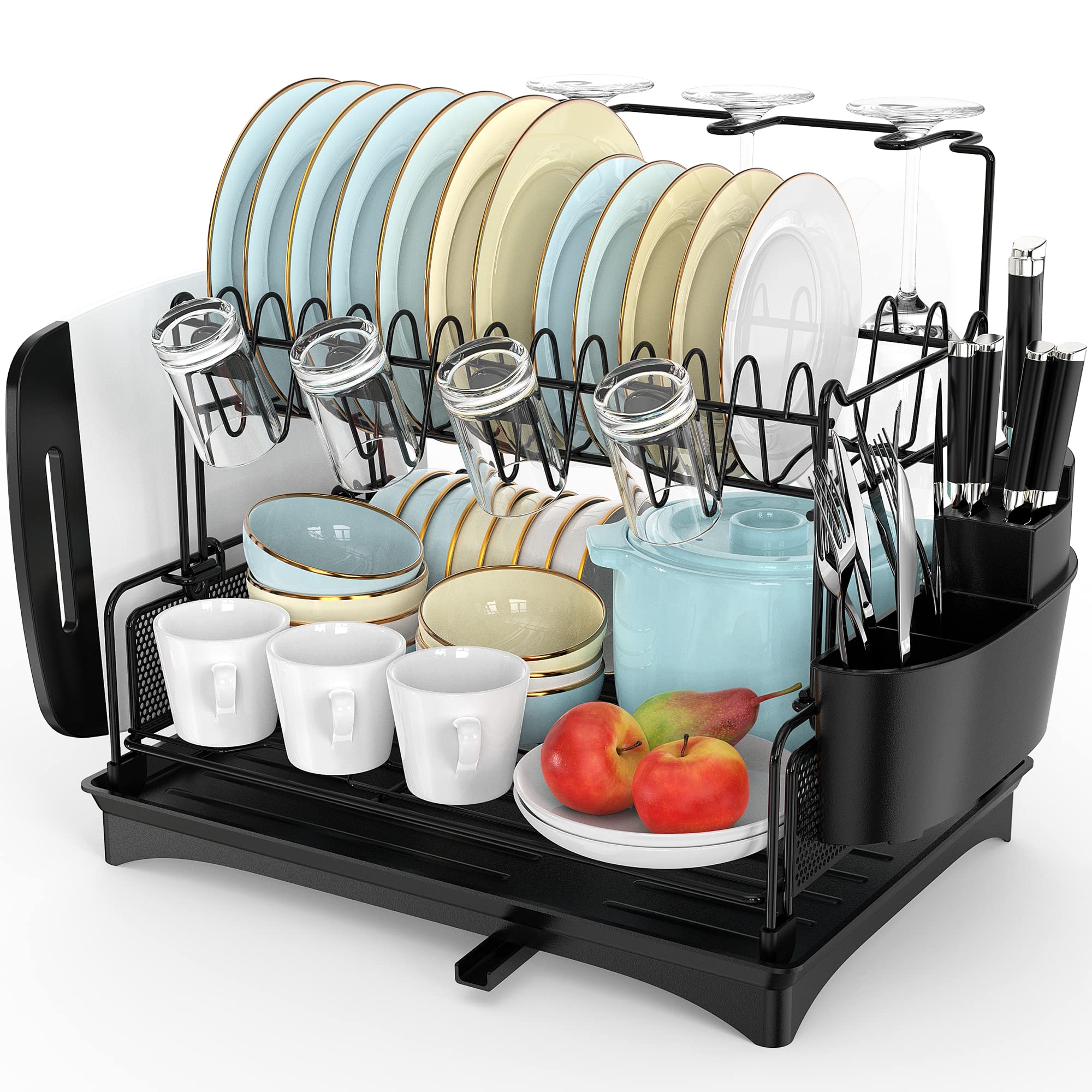 Wahopy Extra Large Dish Drying Rack - 2 Tier Dish Drying Rack with Drainboard for Kitchen Counter, Stainless Steel Dish Drying Rack with Cups, Forks, Knives, Utensil Holder