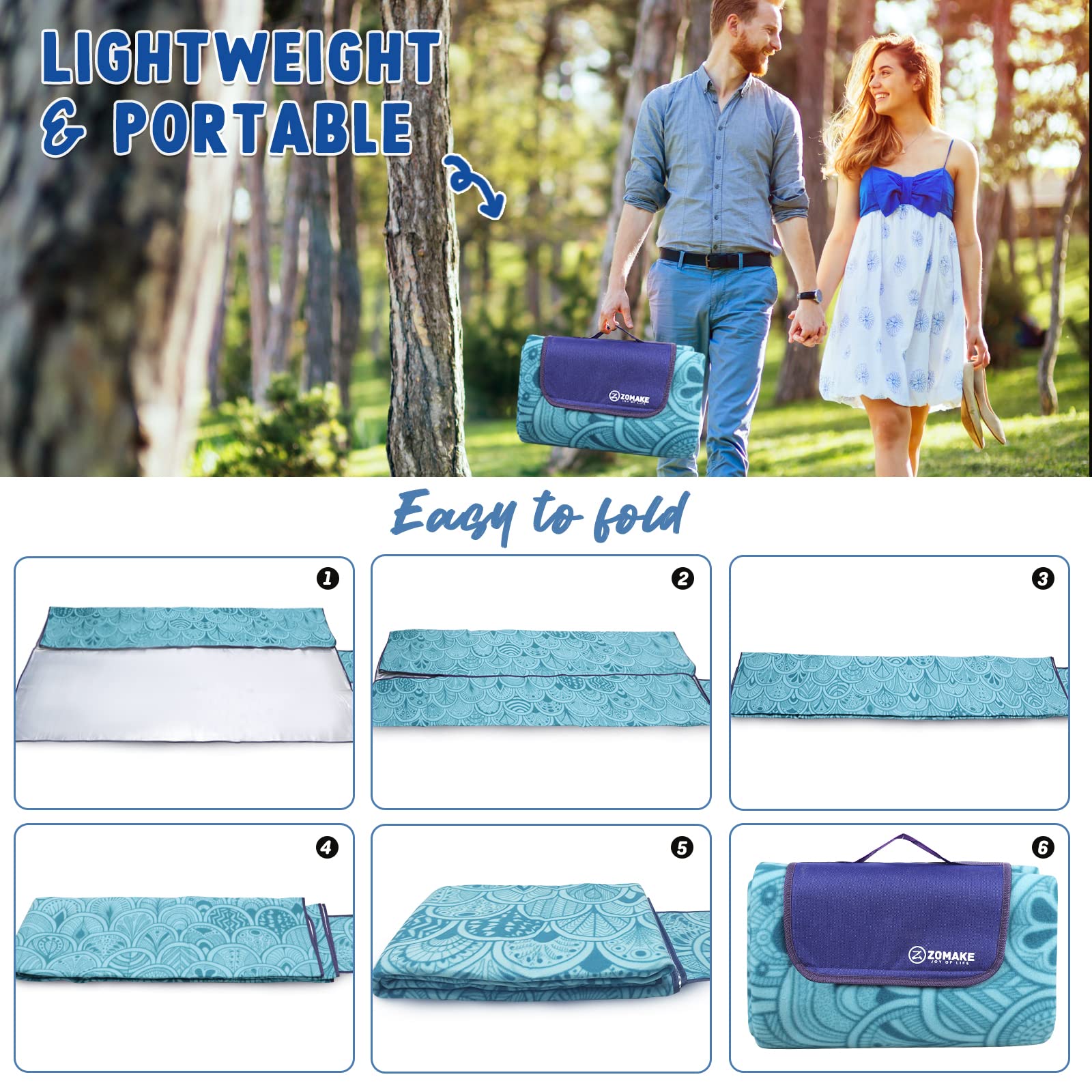 ZOMAKE Waterproof Picnic Blankets 79''x59'' - Extra Large Picnic Blanket for Outdoors - Foldable Picnic Mat with Straps - Portable Picnic Mats for picnic Camping(Peacock Blue)