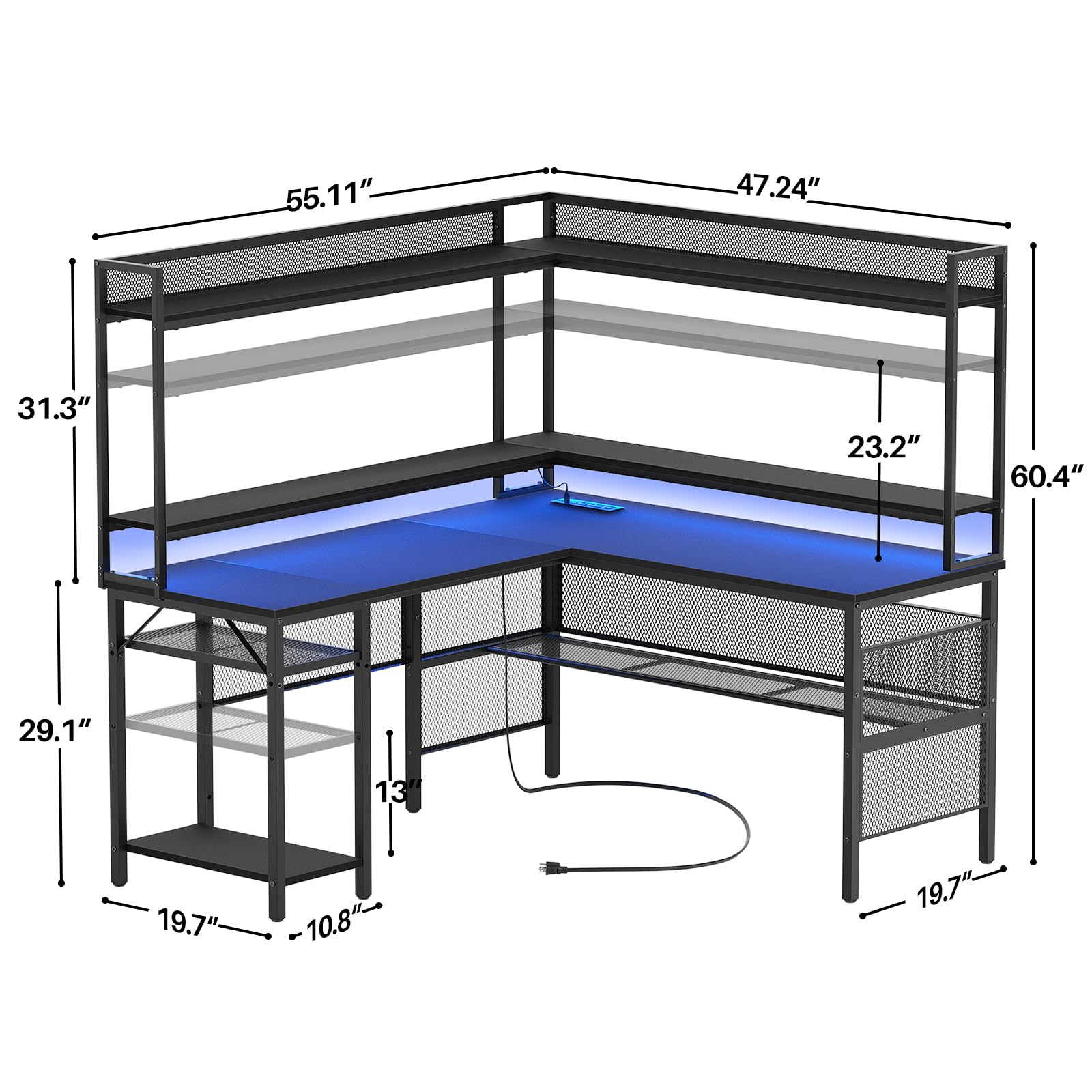 Unikito L Shaped Desk with Power Outlet, Reversible L-Shaped Computer Desk with Storage Shelves & Monitor Stand, Gaming Desk with Led Light, Black