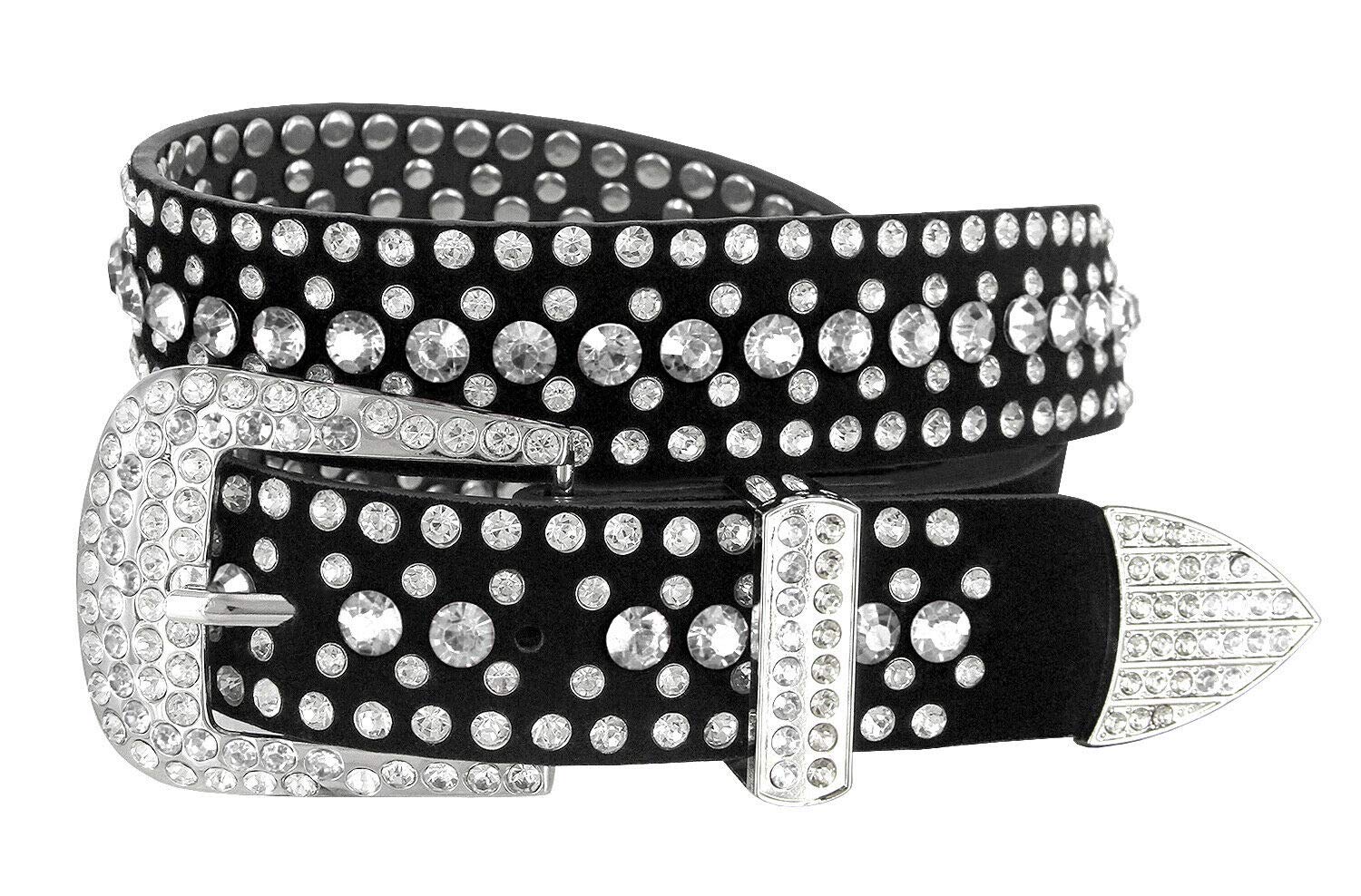 Women Rhinestone Belt Fashion Western Cowgirl Bling Studded Design Suede Leather Belt 1-1/4"(32mm) wide (Crystal, 34'' M)