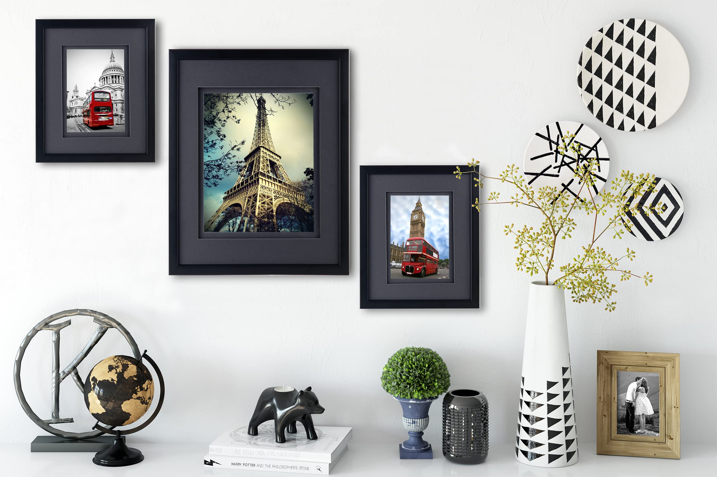Yaetm 11x14 Double Floating Mat Picture Frame Set of 2, Display Picture 8x10 with Black Double Mat, Polished High Definition Real Glass, Wall Mounting Photo Frames, Black/Black