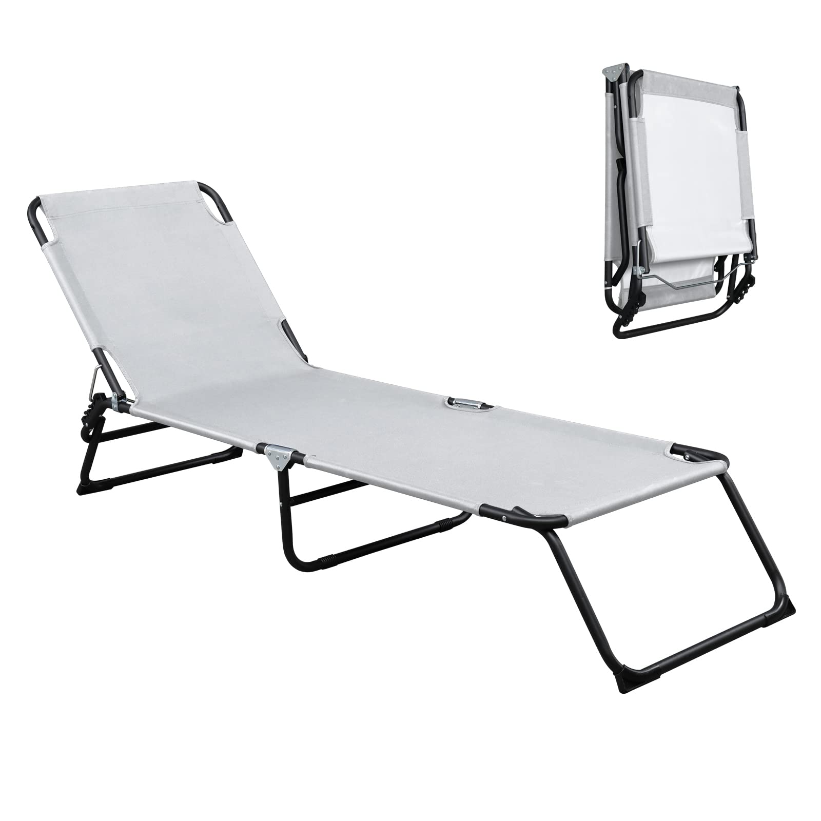VINGLI Folding Chaise Lounge, Adjustable 4 Position Patio Chair Recliner, Sunbathing Chair for Beach Outdoor Pool Patio Deck (Grey, without Canopy)