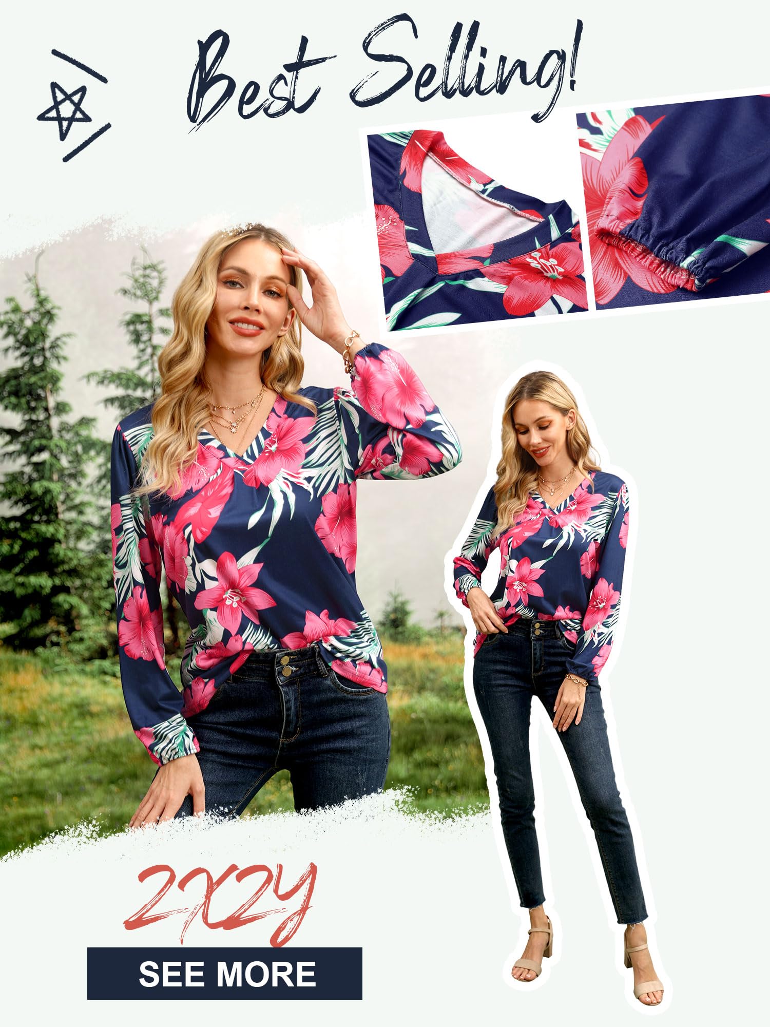 ZXZY Womens Hawaiian Shirt Vintage Leaf Floral Printed Tropical Tops V Neck Puff Long Sleeves Shirts Blue