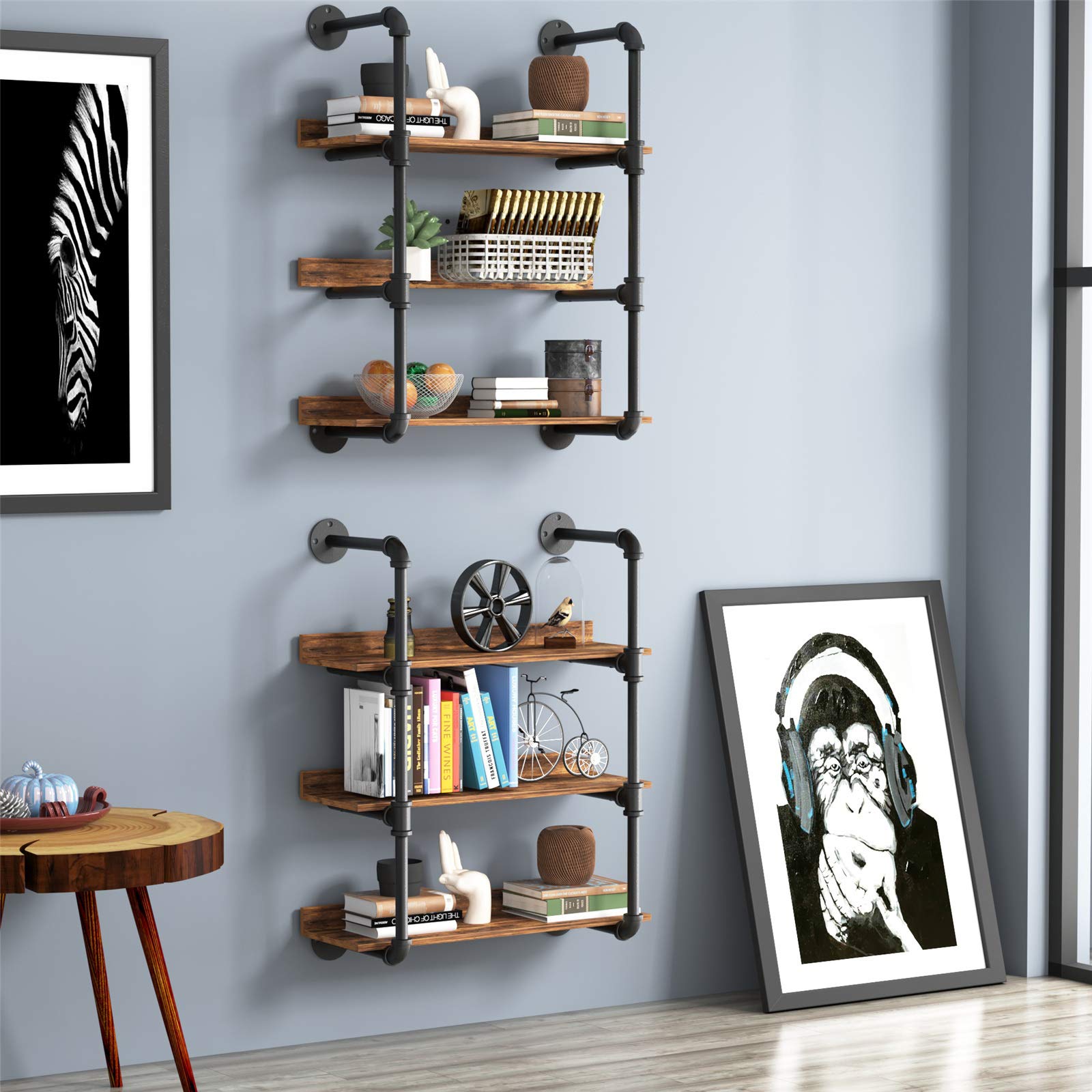 YITAHOME 3 Tier Pipe Shelves Wall Mounted Industrial Retro Iron Shelf Pipe with Hanging Bracket, DIY Storage Shelves, Kitchen Shelves, Office Shelves, Bookshelves and Bookcases - Rustic Brown