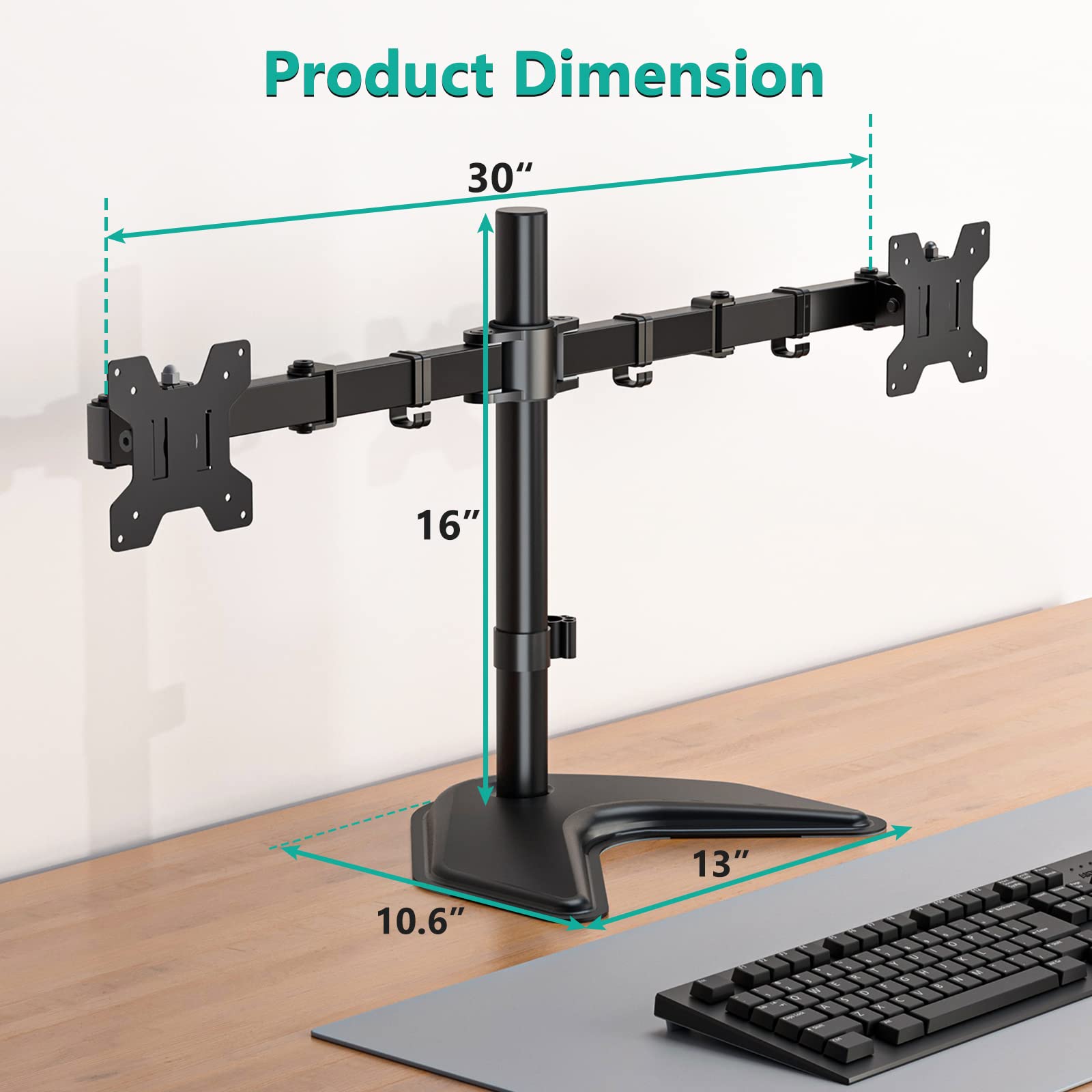 WALI Free Standing Dual LCD Monitor Fully Adjustable Desk Mount Fits 2 Screens up to 27 inch, 22 lbs. Weight Capacity per Arm, with Grommet Base (MF002), Black