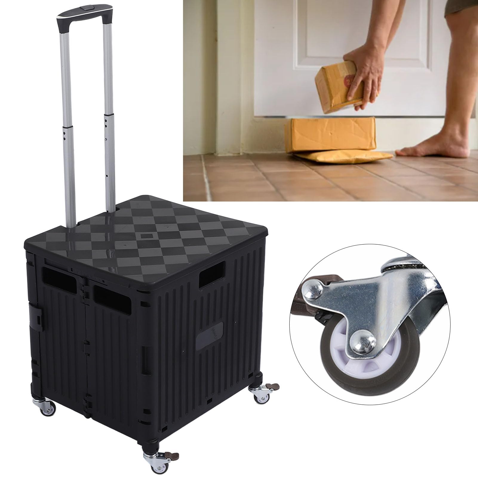 VINGVO Folding Rolling Crate, Swivel Casters, Collapsible Utility Cart, Multipurpose Heavy Load with Lid for Camping (Black)