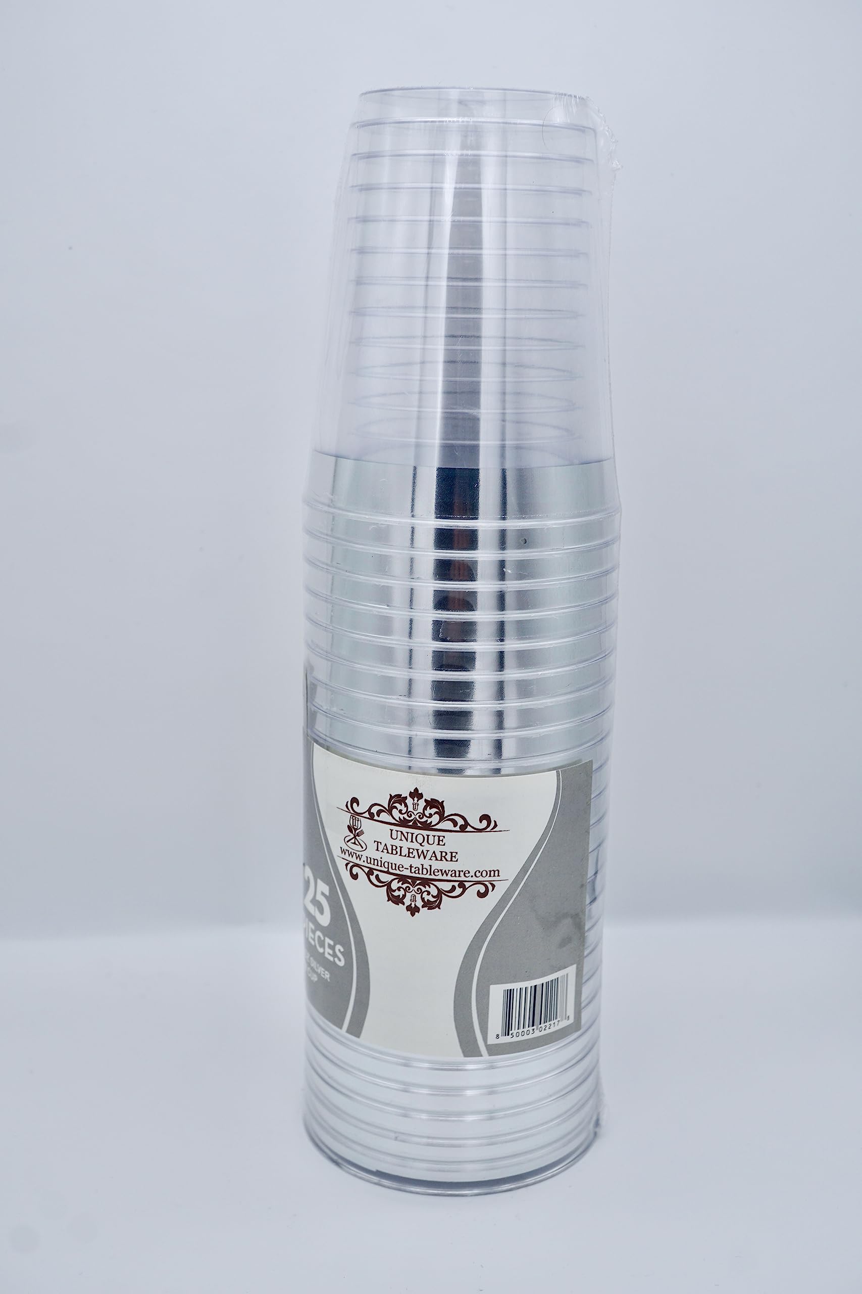 UNIQUE TABLEWARE Disposable Plastic Clear Cups, Silver Rim, 10 oz