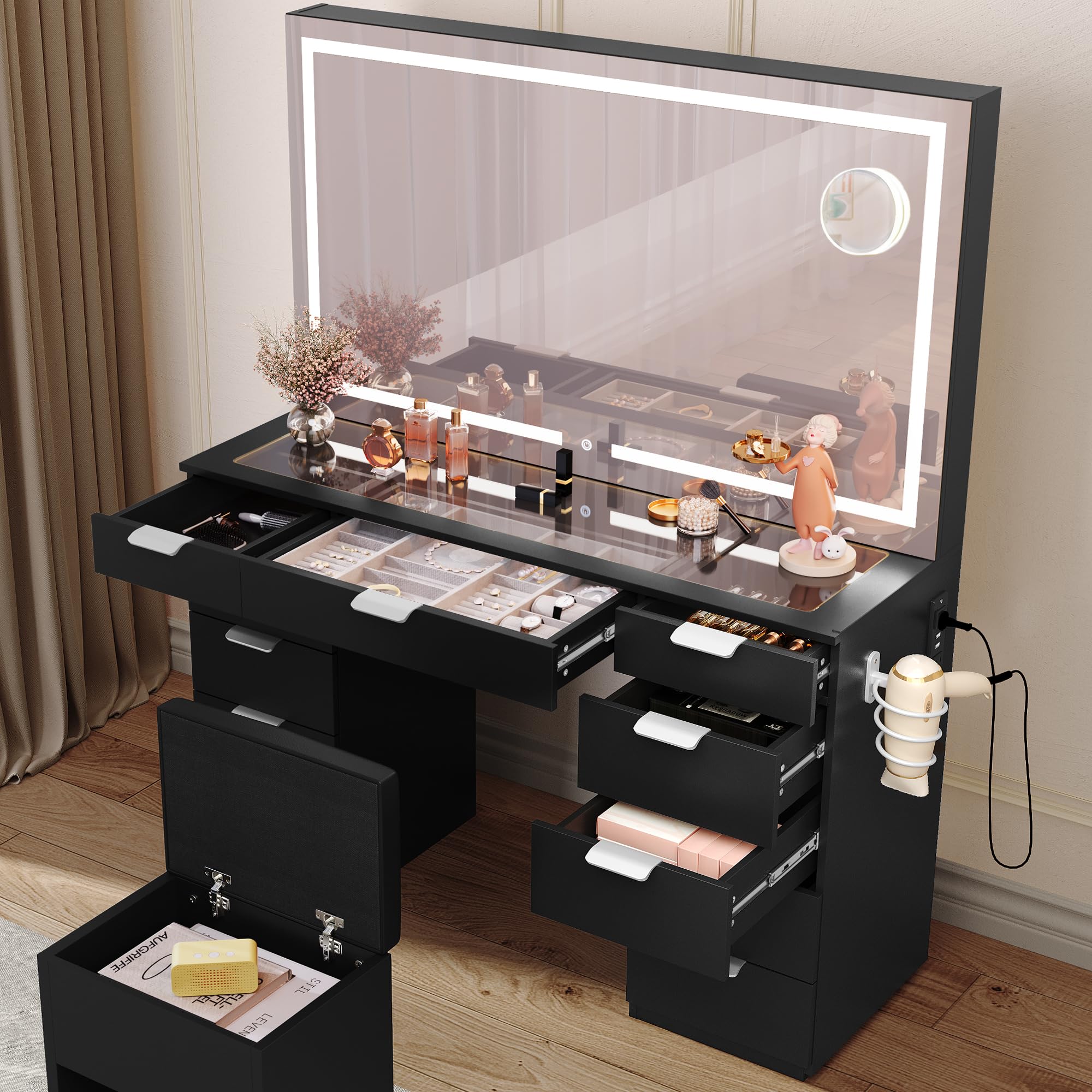 YITAHOME Vanity Desk Set with Large LED Lighted Mirror & Power Outlet, Glass Top Vanity with 11 Drawers and Magnifying Glass, 46'' Large Makeup Vanity with Storage Bench, Black Vanity for Bedroom