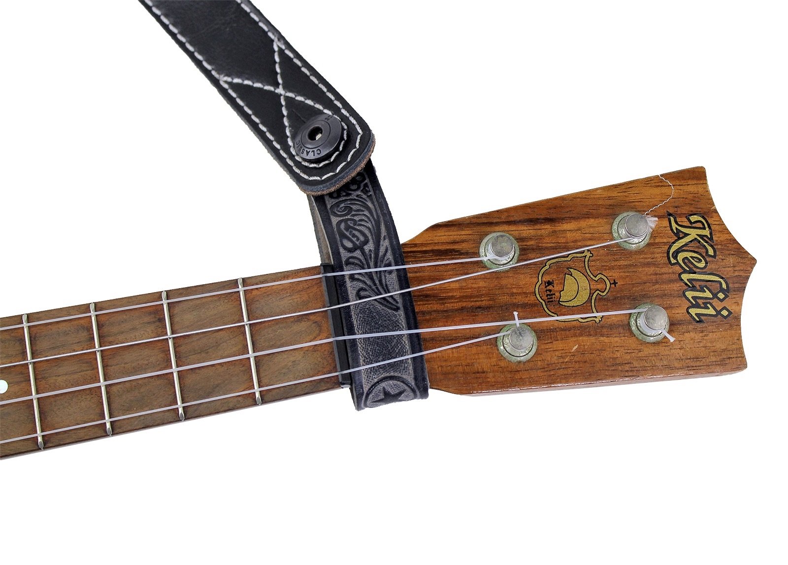 Walker & Williams AT-2 Black Carving Leather Acoustic Guitar Strap Button Headstock Adaptor For Acoustic, Electric, And Bass Guitars