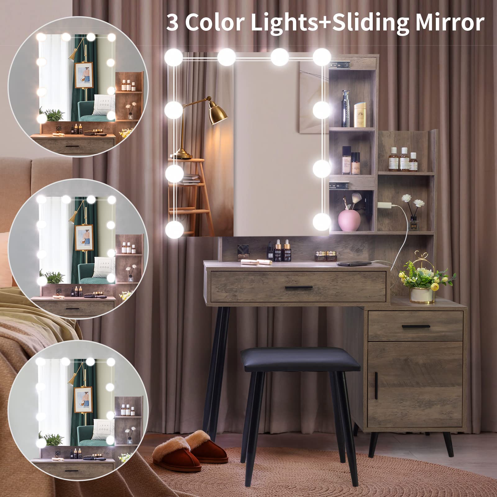 VINGLI Vanity Desk with Sliding Mirror & Lights & Charging Station & Drawers & Shelves & Door, Farmhouse Modern Makeup Vanity Set with Stool (Rustic Gray, 39'' x 16'' x 63'', Bench included)