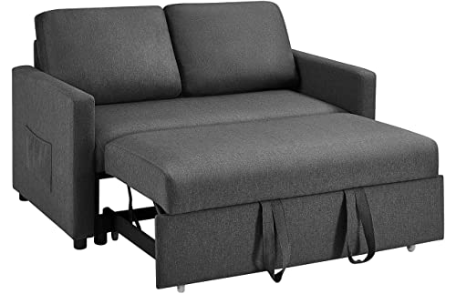 Yaheetech Convertible Sofa Bed Trundle Loveseat w/Pull-Out Trundle Bed Sleeper Sofa Convertible Couch for Limited Spaces Living Room Bedroom Guest Room Dark Gray 55.5 in