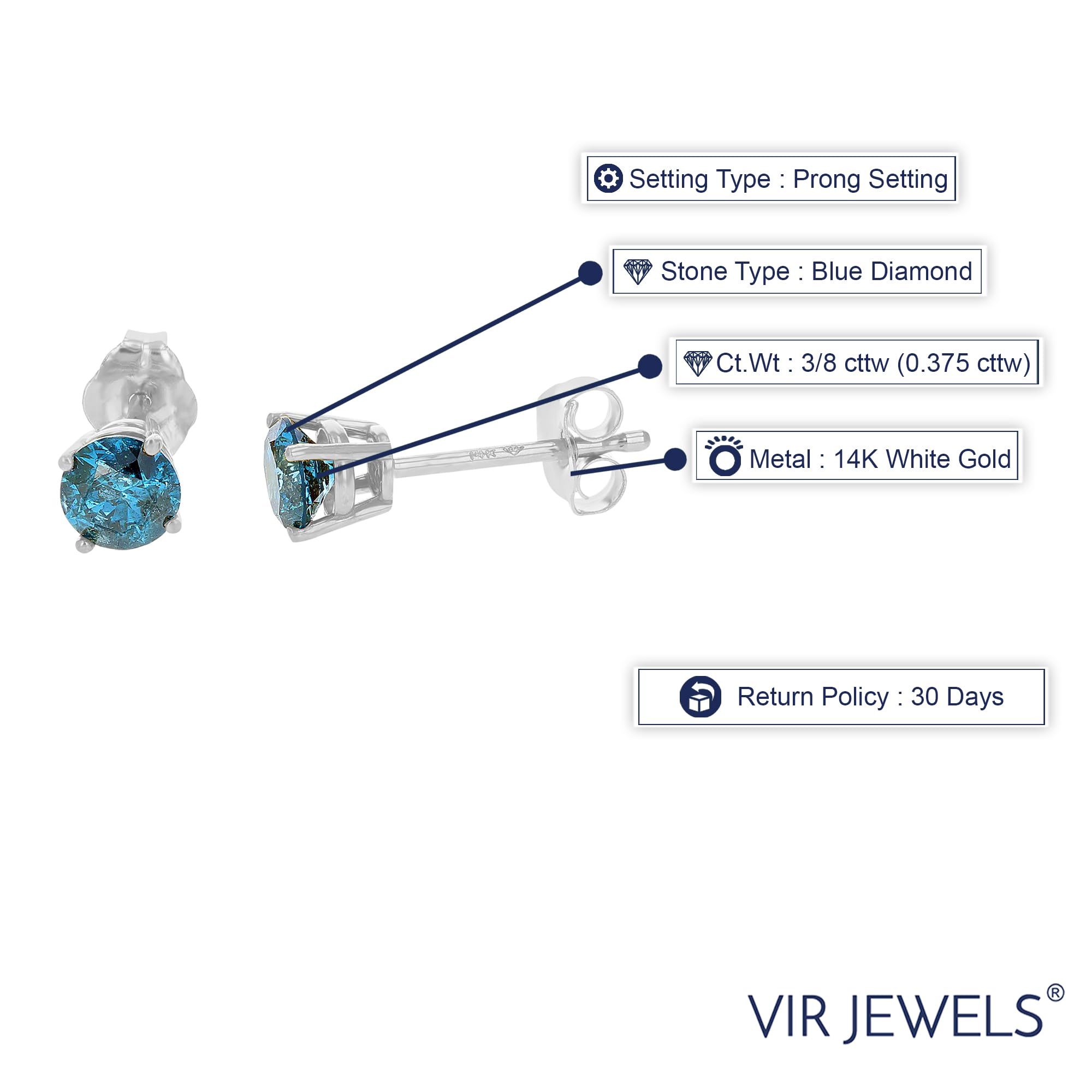 Vir Jewels 1/4 cttw Blue Diamond Stud Earrings 14k White Gold Round Shape with Push Backs