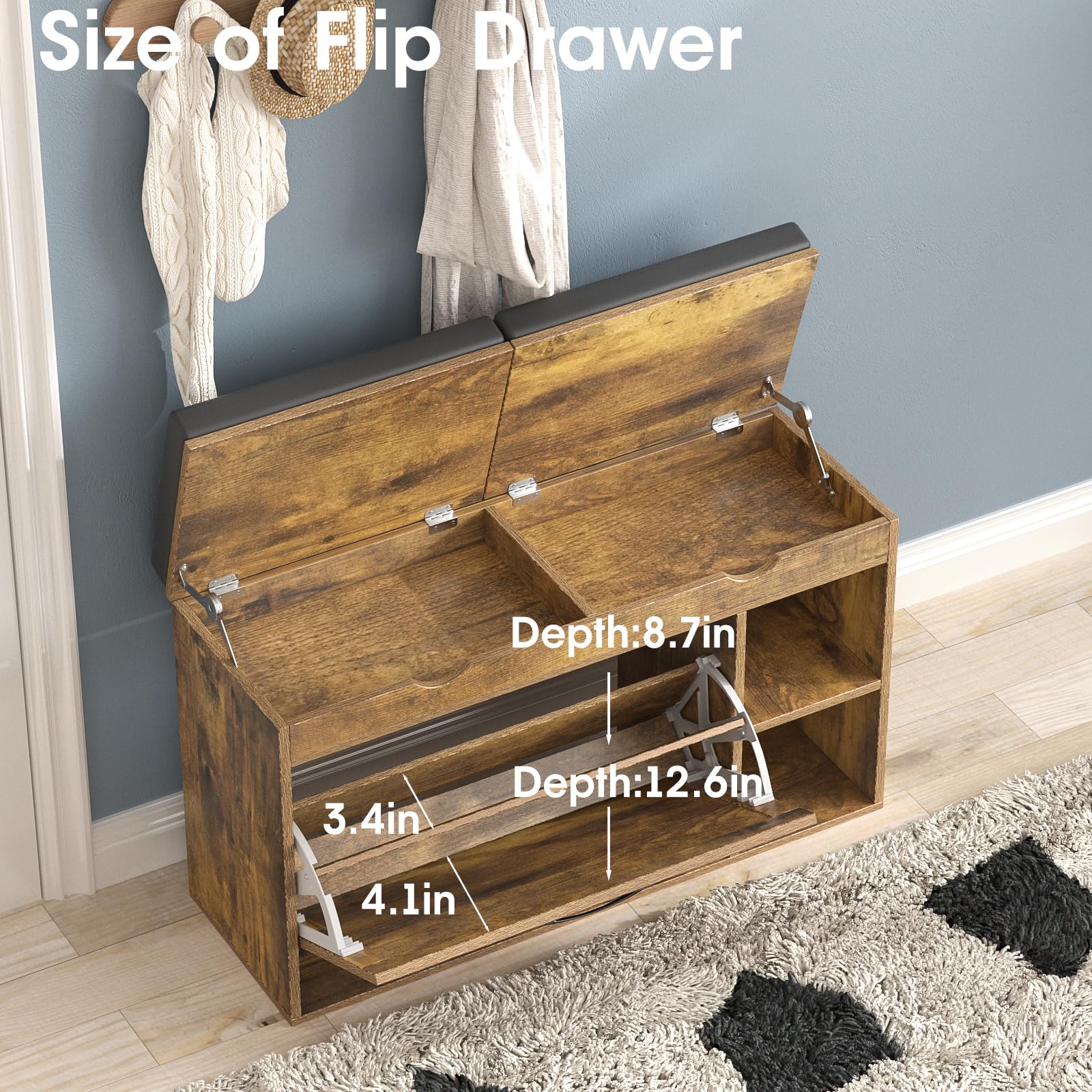 Vabches Shoe Storage Bench with Flip Drawer, Entryway Bench with 2 Lift Top Storage Boxes, Adjustable Shelf, Narrow Shoe Rack Shoe Cabinet for Entryway Slim, Living Room, Bedroom, Mudroom,Rustic Brown