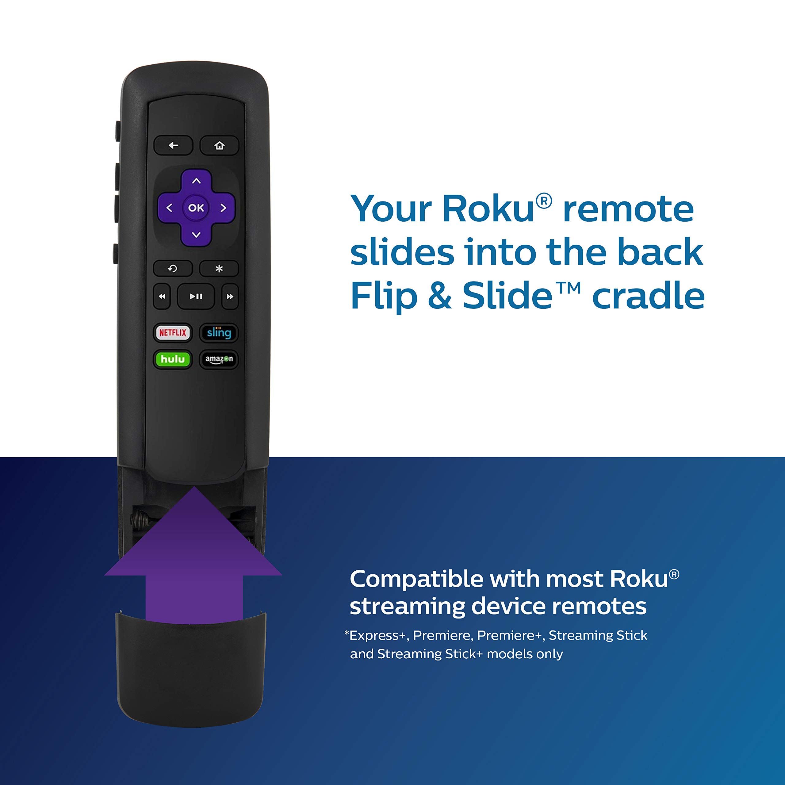 Universal Remote Control with Roku Remote Slide-in Cradle for use with Samsung, Vizio, LG, Sony, Sharp, Apple TV, TCL, Smart TVs, Streaming Players, Blu-ray, 4-device, SRP2024R/27 by Philips