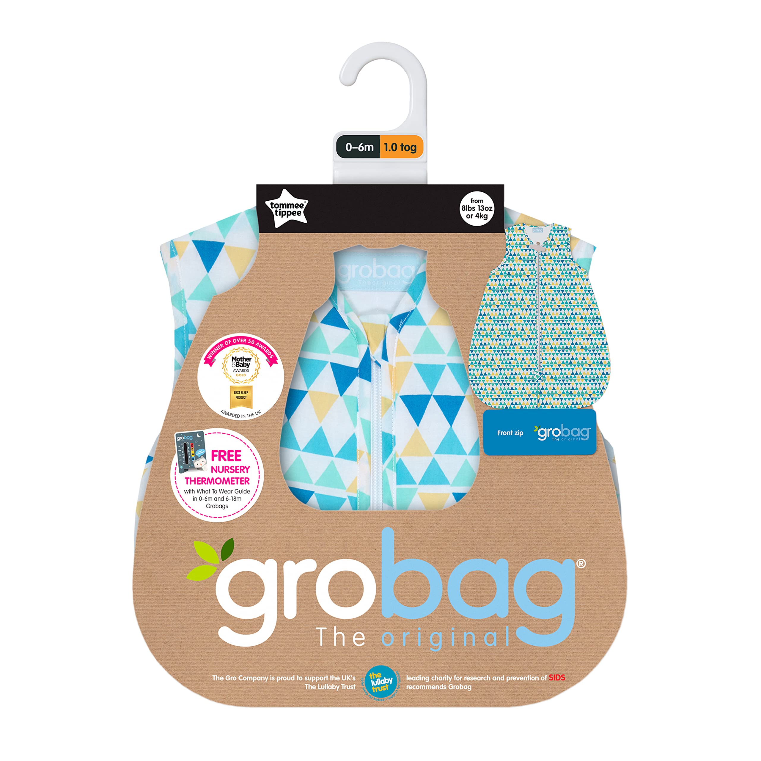 Tommee Tippee Grobag Baby Cotton Sleeping Bag, Sleeping Sack - 1.0 Tog for 69-74 Degree F - Capri Zig Zag - Small Medium, 6-18 months, Turquoise, 6-18 Months