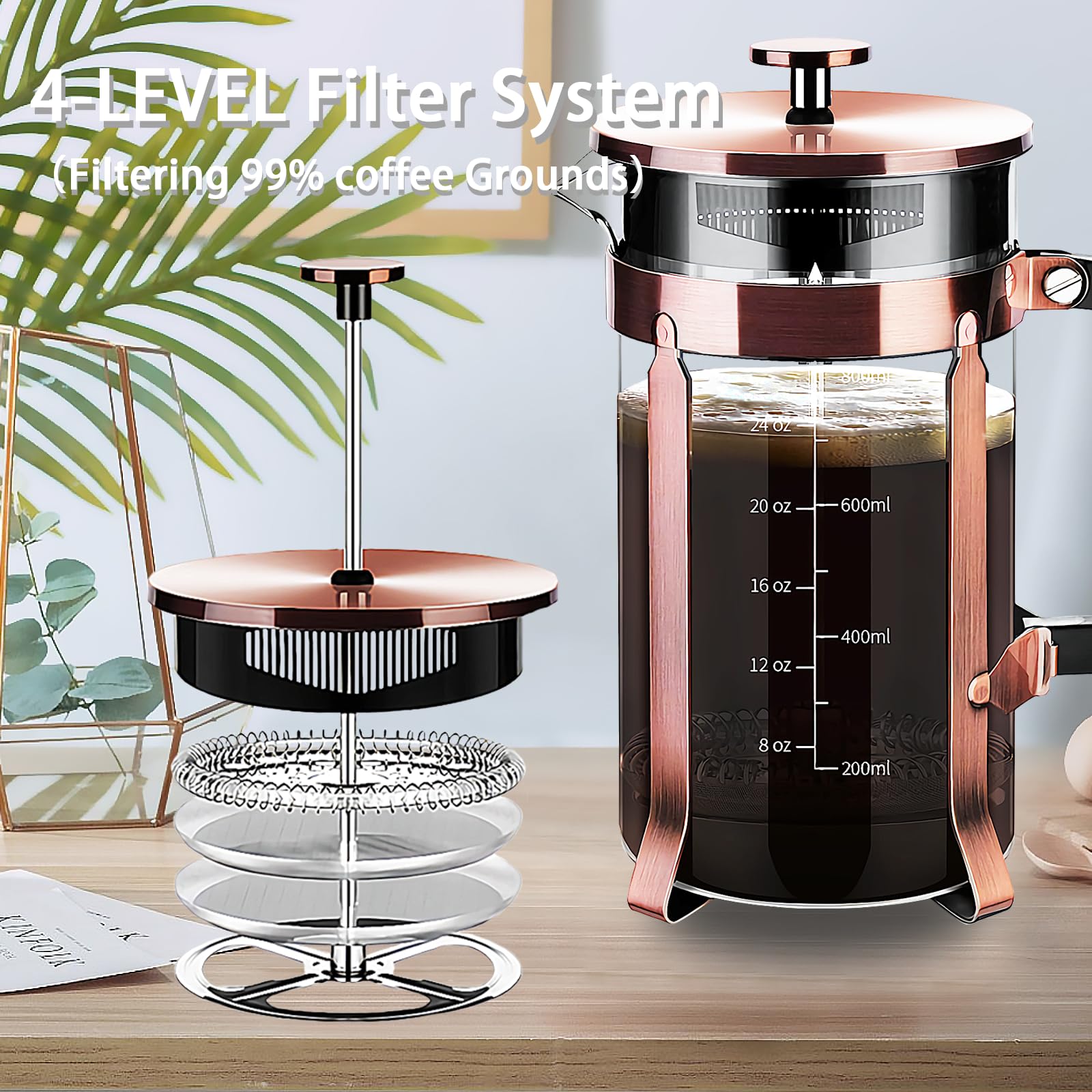 YMMIND French Press Coffee Maker 304 Stainless Steel Coffee Press,with 4 Filters System, Heat Resistant Thickness Borosilicate French Press Glass, BPA-Free Brewed Tea Pot Coffee Plunger