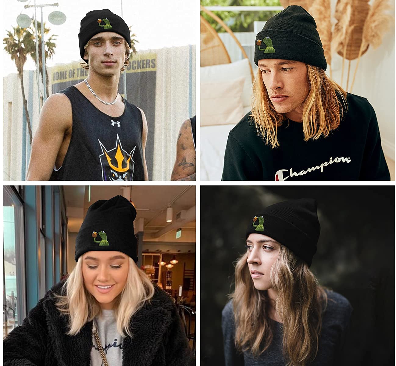 YOUNGFIT Linhiian Frog Beanies for Men and Women, Winter Black Cool Funny Knit Hats