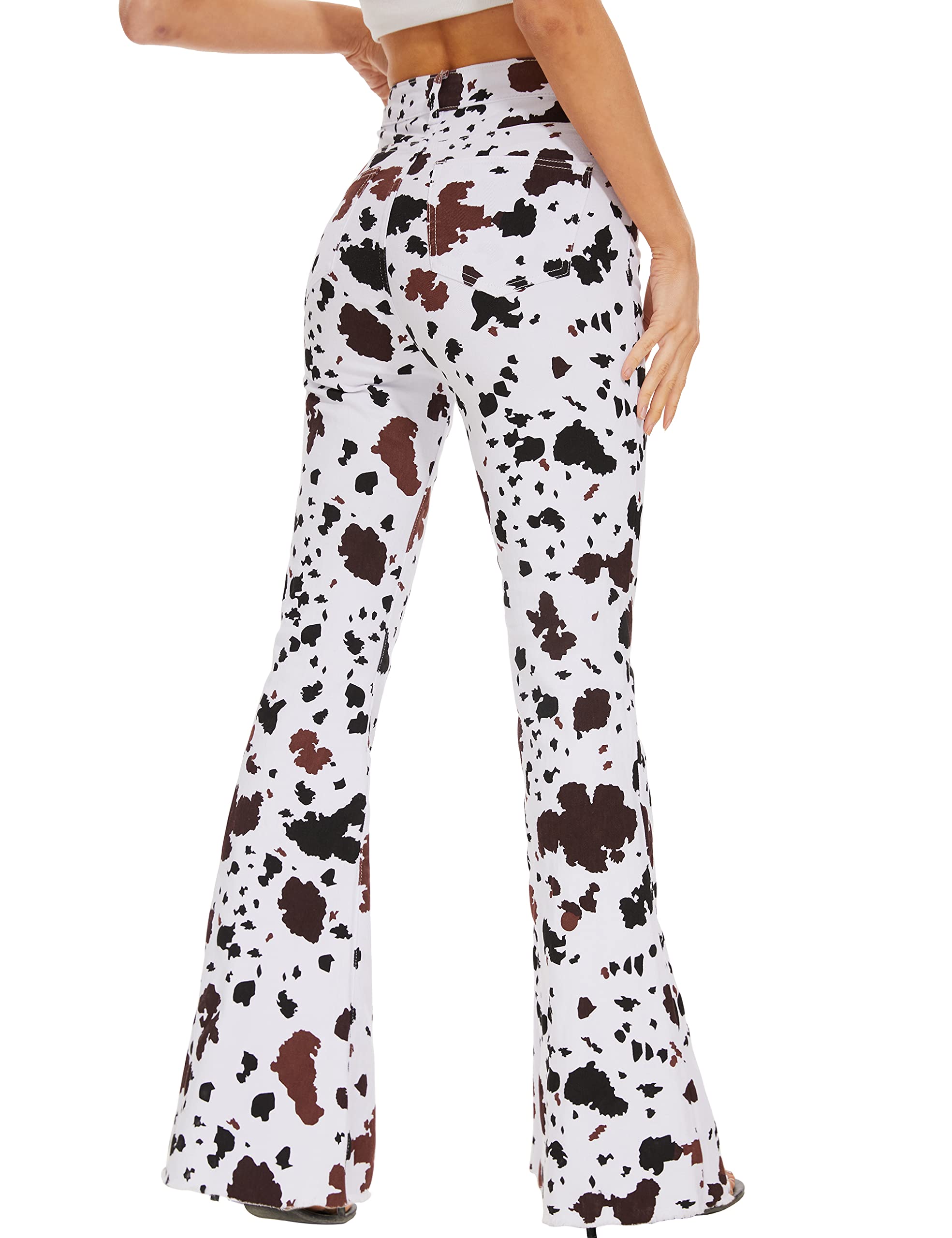 Zhangyan Womens Cow Flare Jeans Stretch High Waisted Button Bellbottoms Pants Hem Fray(cow,2)