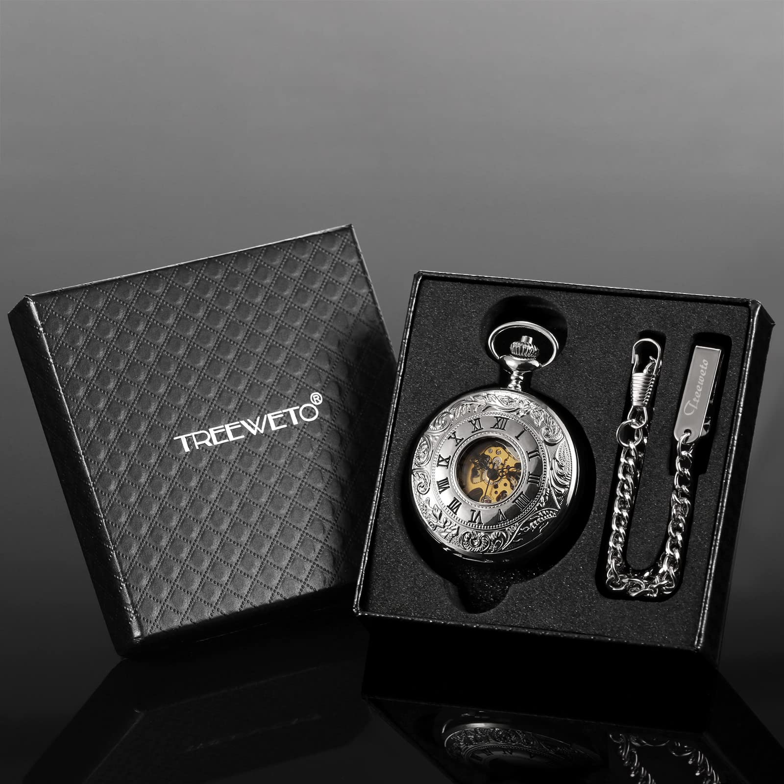 TREEWETO Men's Retro Mechanical Pocket Watch Silver Double Case Roman Numerals Gift for Man with Box