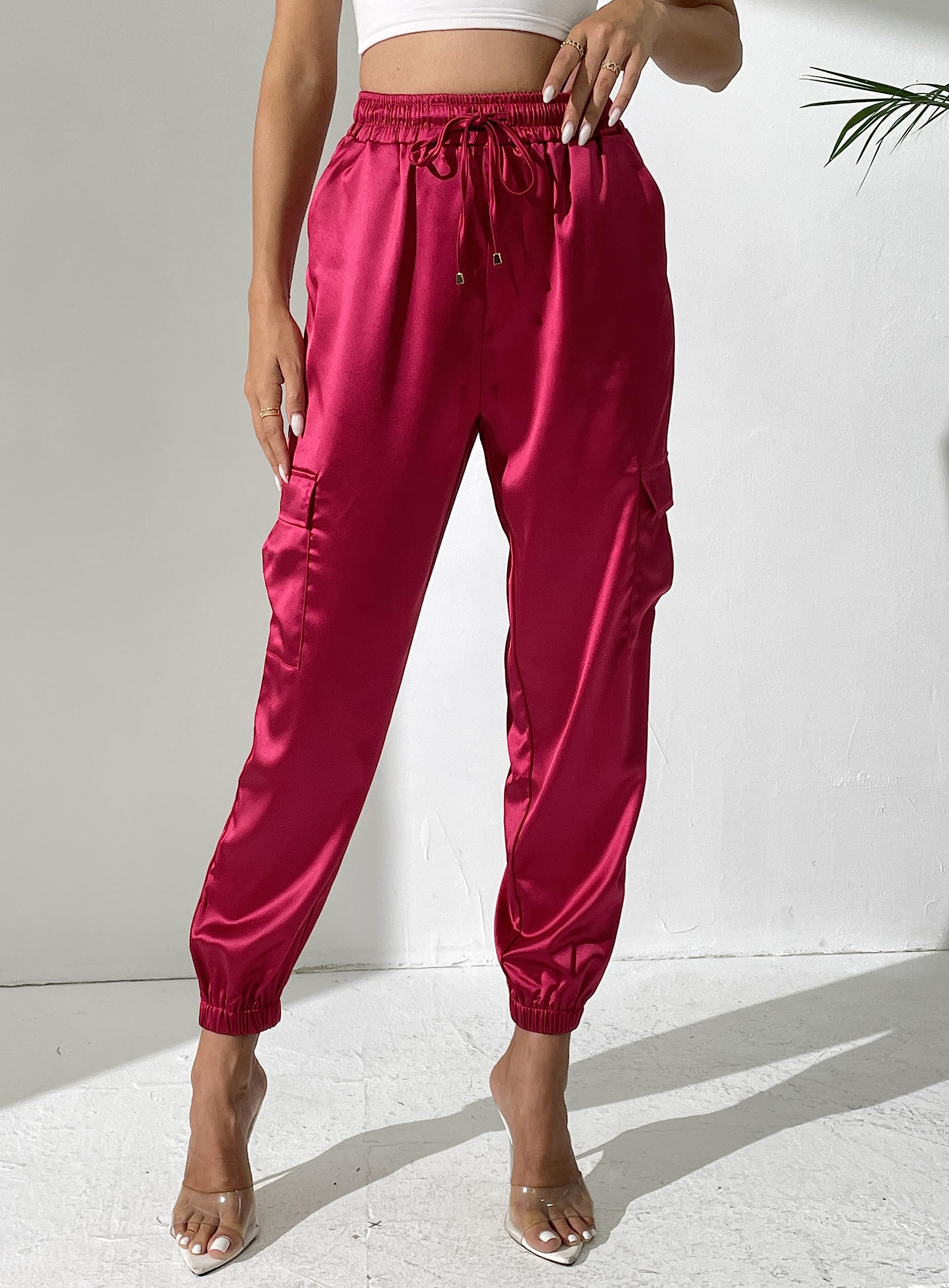 Women's Satin Cargo Joggers Pants Dressy Casual Silky Elastic High Waist Trousers Hot Pink