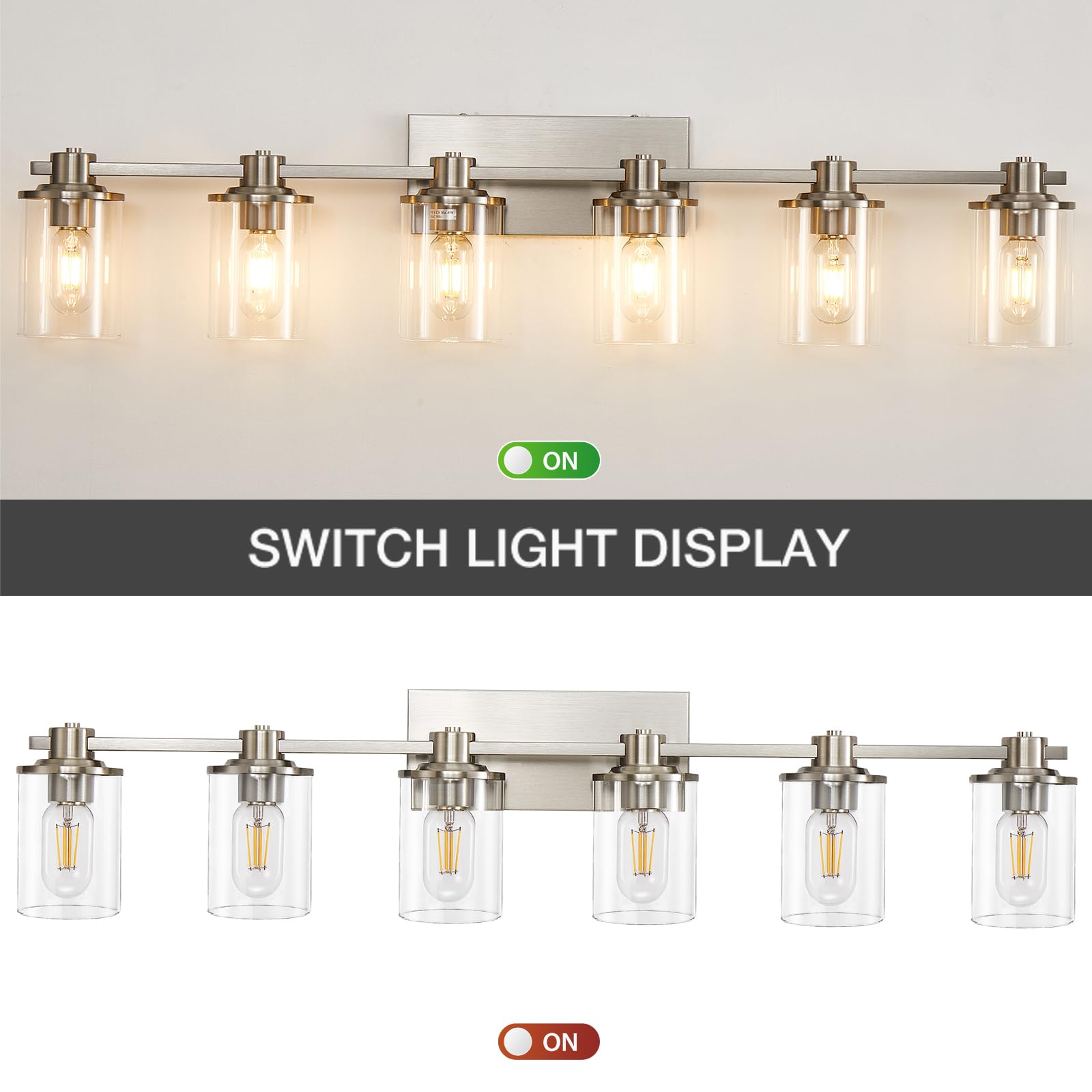 XGFOURSEVEN Brushed Nickel Bathroom Vanity Light, 6-Light Bathroom Light Fixtures with Clear Glass Shade, Nickel Wall Sconce for Bathroom Lighting (Brushed Nickel, 6 Light)