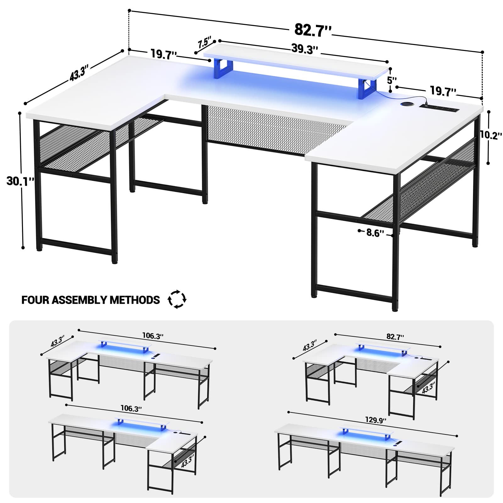 Unikito U Shaped Computer Desk with LED Strip and Power Outlets, Reversible Large Office Desk with Monitor Stand and Storage Shelves, 2 Person L Shaped Gaming Table, 83 Inch U Shape Corner Desk, White