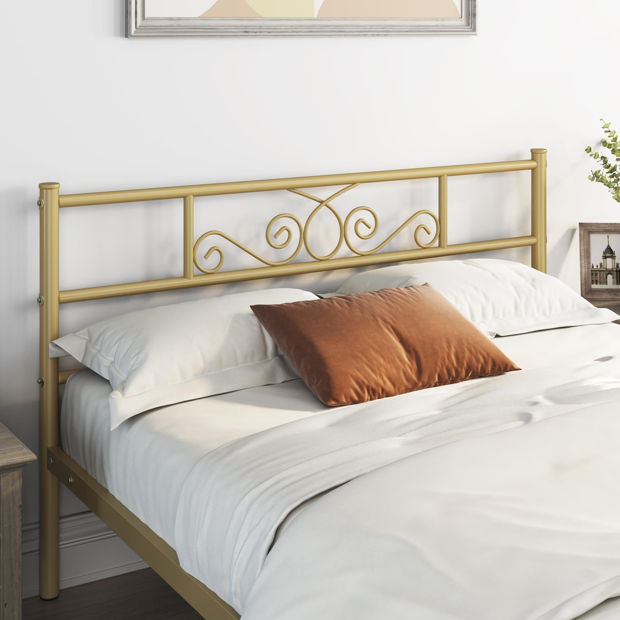 Yaheetech Queen Bed Frames Metal Bed Frame with Headboard and Footboard Heavy Duty Mattress Foundation/No Box Spring Needed/Underbed Storage Space/Graceful Scroll/Ground Clearance: 12.6’’/Antique Gold