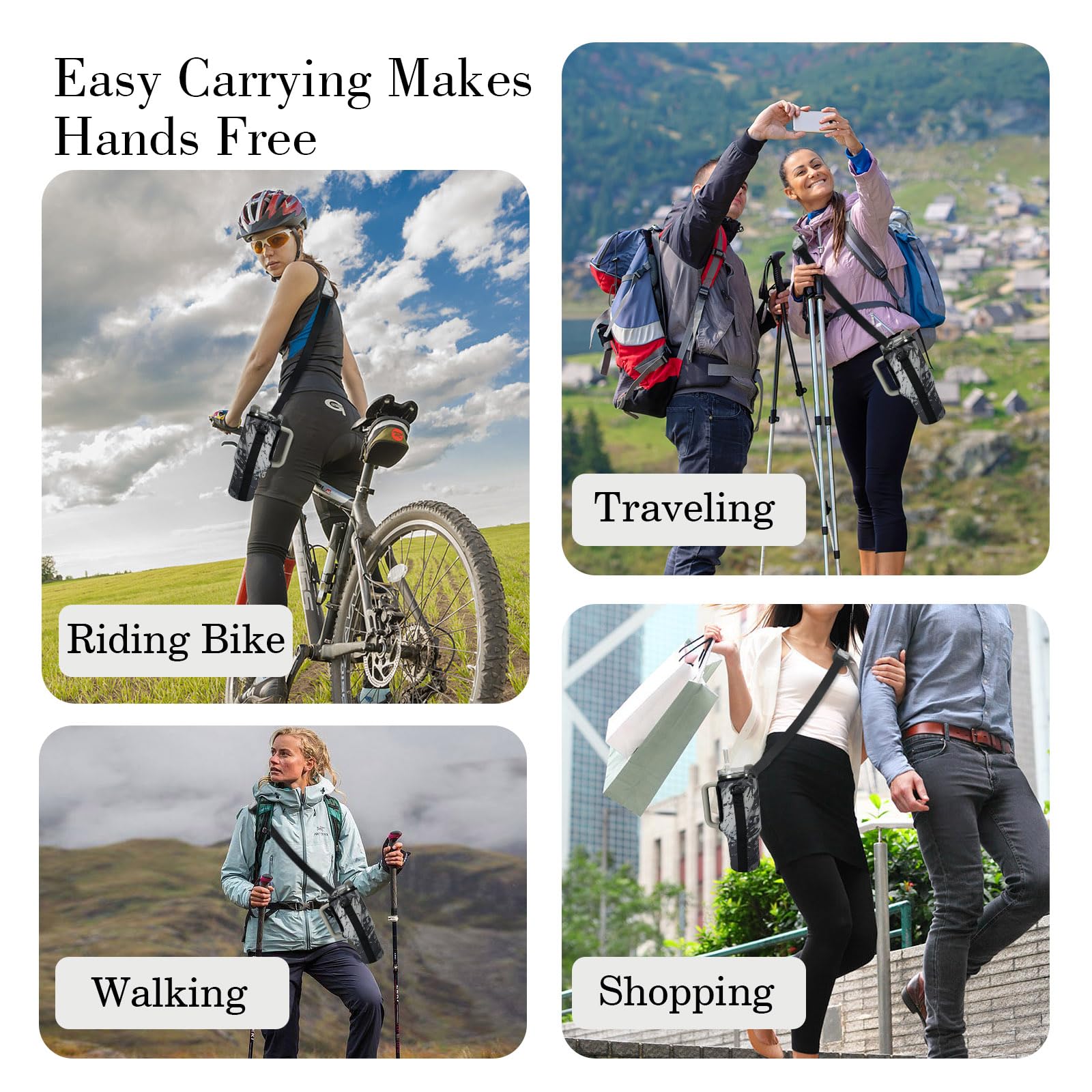 Water Bottle Carrier Bag Compatible with Stanley 40oz Tumbler with Handle, Stanley cup accessories Silicone Spill leak Stopper Set of 3,with Adjustable Shoulder Strap for Hiking Travelling Camping