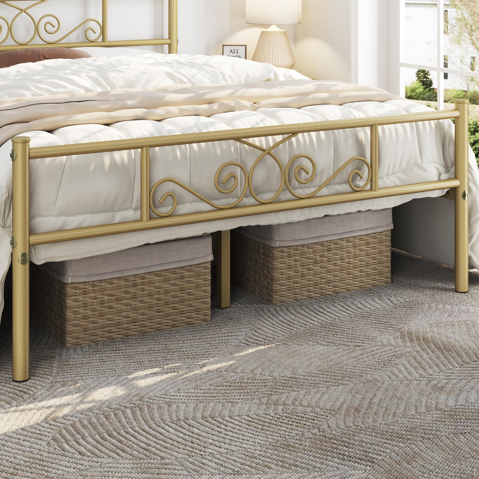 Yaheetech Queen Bed Frames Metal Bed Frame with Headboard and Footboard Heavy Duty Mattress Foundation/No Box Spring Needed/Underbed Storage Space/Graceful Scroll/Ground Clearance: 12.6’’/Antique Gold