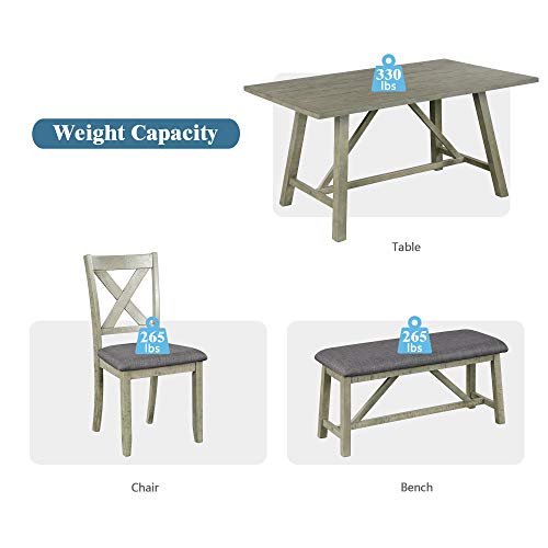 WOZNLA Wood 6, Rustic Style Kitchen Dining Room Set with 1 Table, 1 Bench & 4 Padded Chairs, Gray, 60" x 35", Grey