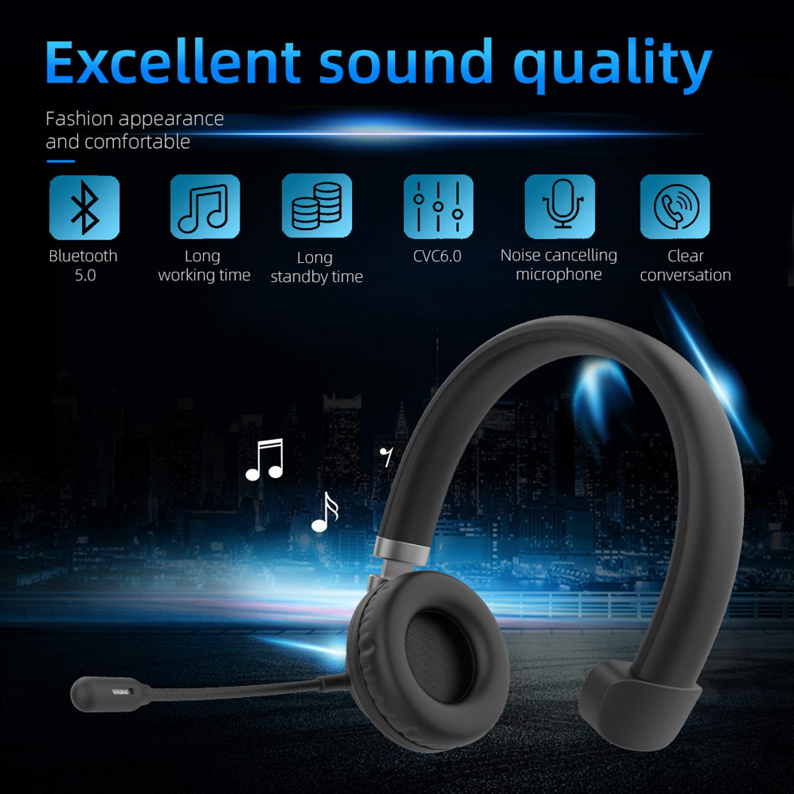 Yezonic Bluetooth Headset with Noise Canceling Microphone V5.0, Truck Wireless Headset with Mic Mute, 24hrs Clear Talk Time Comfort for Car Driver Office Business Call Center Home Work Cell Phone PC