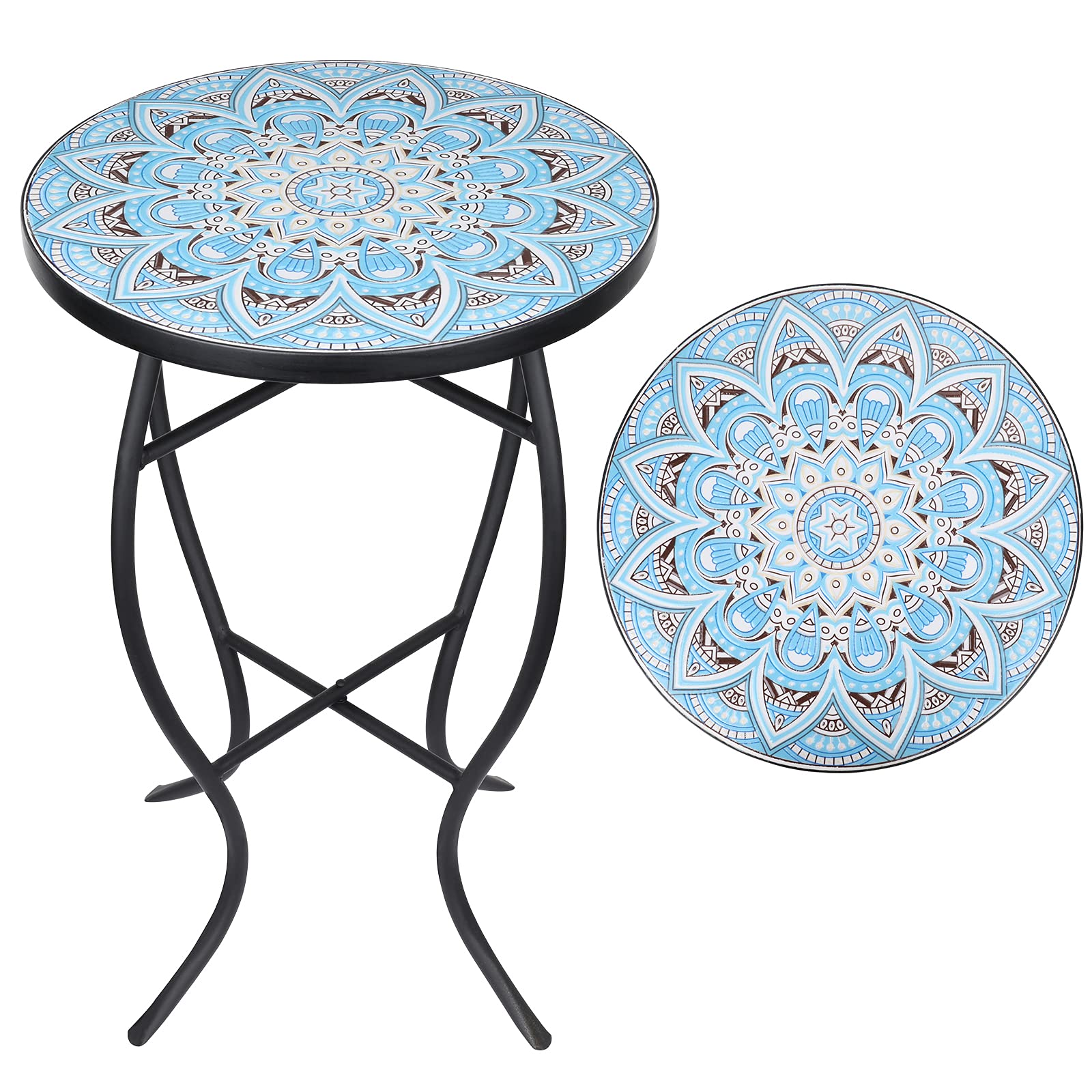 Vipush Mosaic Outdoor Side Table, 14" Round Folding End Table, Patio Accent Table Indoor Plant Stand for Living Room,Geramic Table Top Black Iron,Light Blue