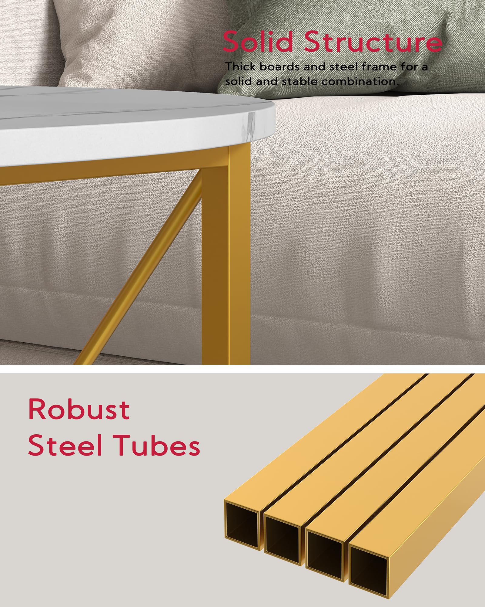 Yusong Round Coffee Table for Living Room, Farmhouse Circle Coffee Table with Storage Shelf, 2-Tier Modern Center Table with White Faux Wooden Tabletop, Gold Metal Frame