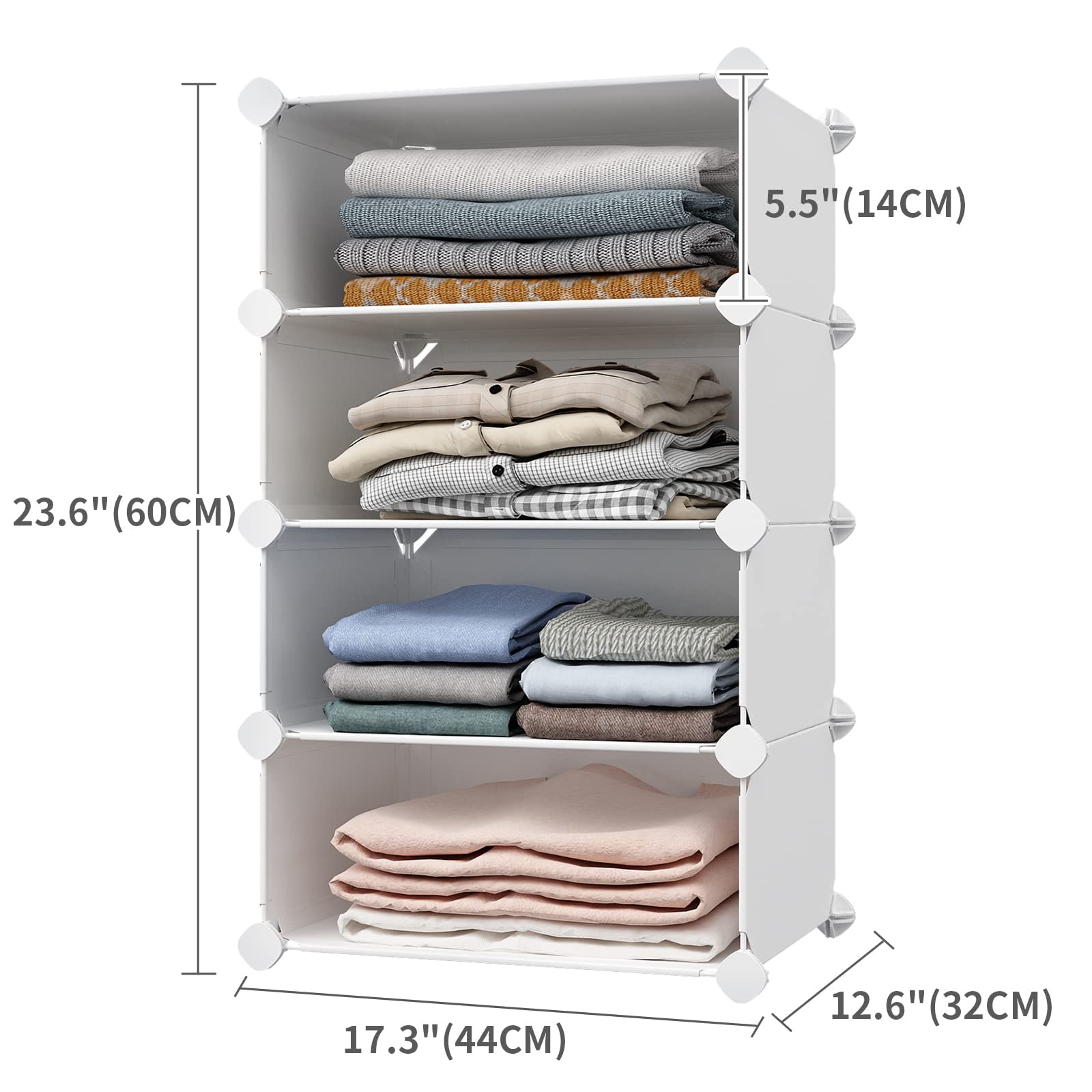 VIPZONE 4 Tier Closet Shelf, 12 inches Deep Stackable Closet Storage Shelves for Clothes,Easy Assembly Organizer Plastic Shelf Rack for Bedroom,White