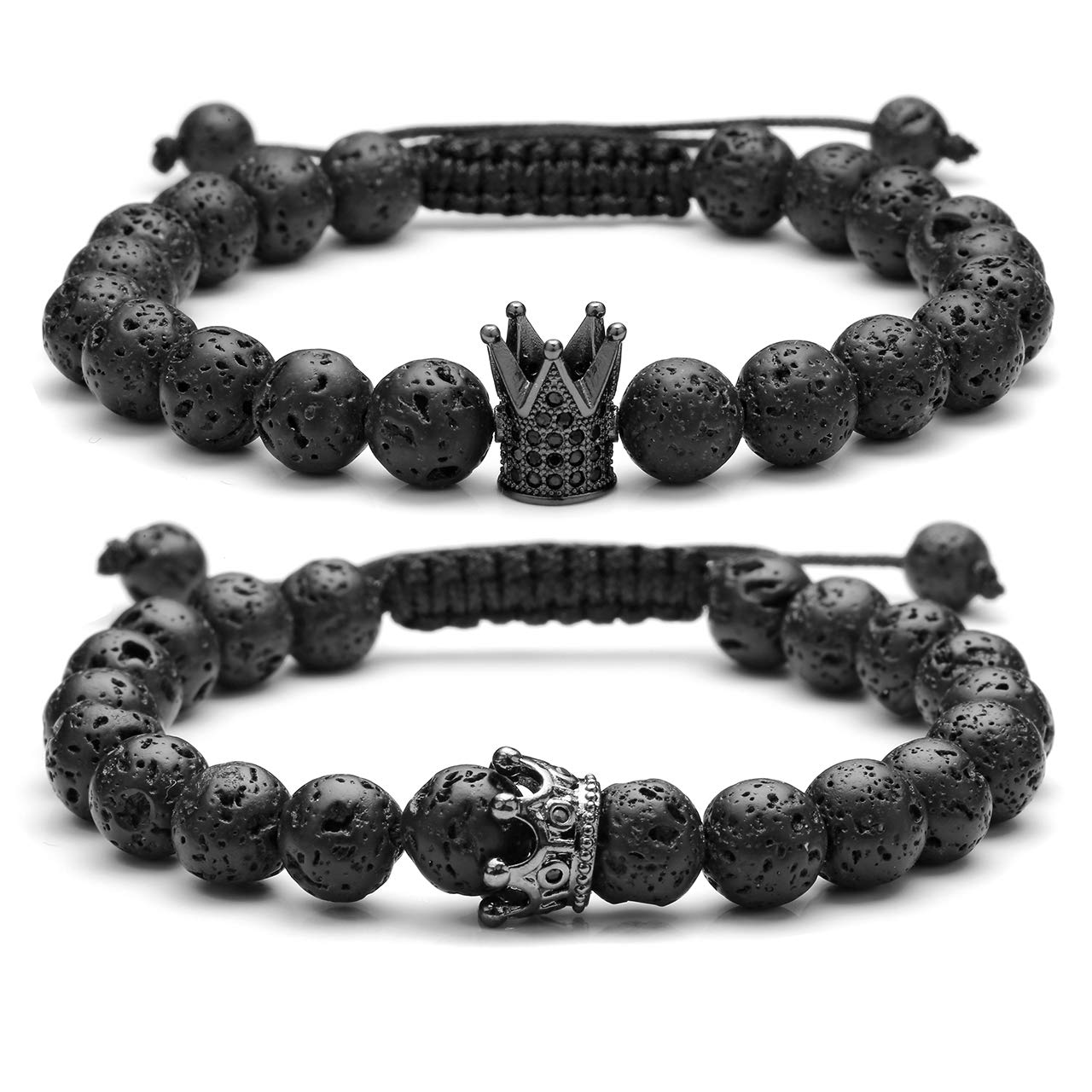 Top Plaza Couple Distance Bracelets Lava Stone Beads Essential Oil Diffuser Adjustable Bracelet with King Queen Crown Charm - 2 Pcs Black