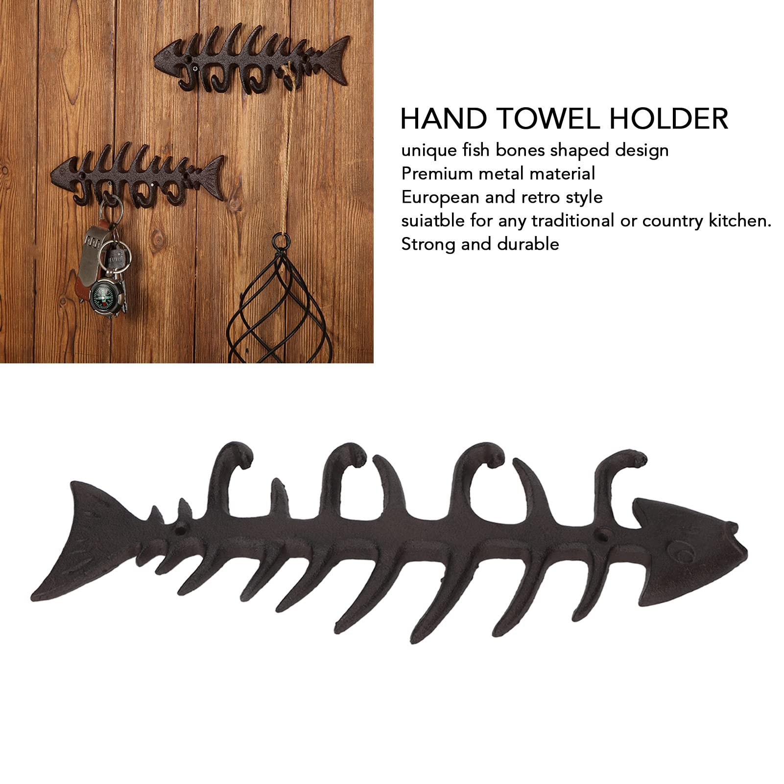 Zixyqol Fish Bones Towel Rack,European Style,Strong Metal Wall Mounted Holder with 4 Hooks for Home Kitchen and Bathroom Decor(S)