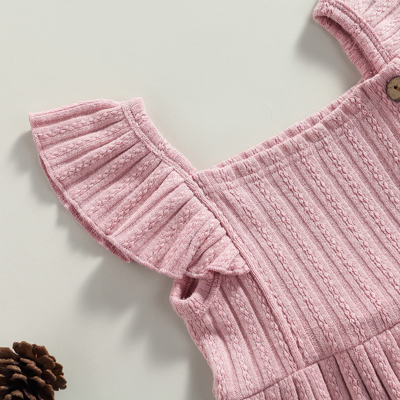 VISGOGO Kids Baby Girl Dresses Solid Color Ruffles Button Knitting Square Collar Outfits Clothes (Pink, 3-6 Months)