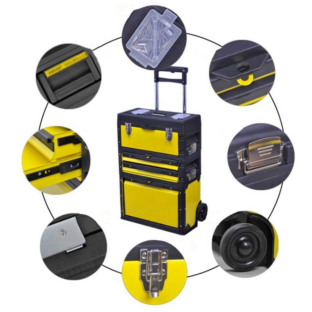 YGCBL Multifunction Portable Hand Trucks,Trolleytool Trolley Cart 3-Tier Drawer Type Organizer Multifunction Combined Pull Rod Toolbox, Bearing 80Kg, 520X320X730Mm,Black+Yellow
