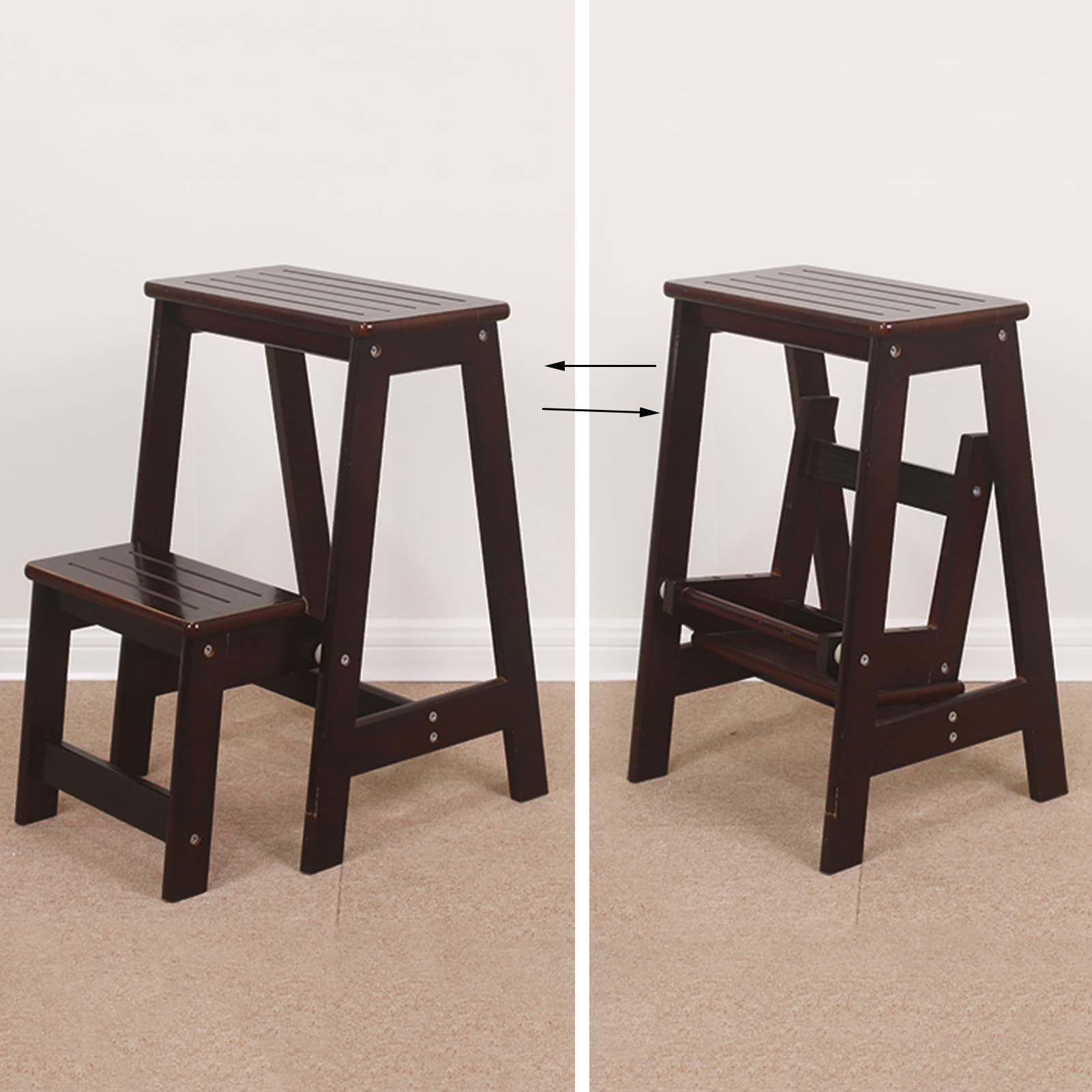YokIma Folding Step Stool 2 Tier Step Ladder,Wood Ladder Stool Multifunction Step Ladder Stool Portable Counter Chair Shoe Bench/Flower Rack for Household and Office