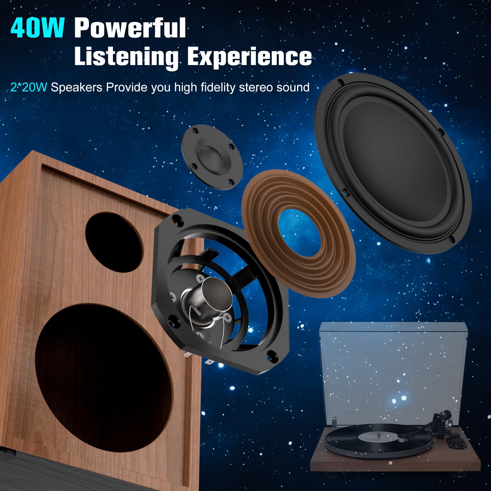 Vinyl Record Player with 40W Speakers and Bluetooth Output Input,Turntable with Built-in Preamp,AT-3600L Cartridge,USB Record,Pitch and Counterweight
