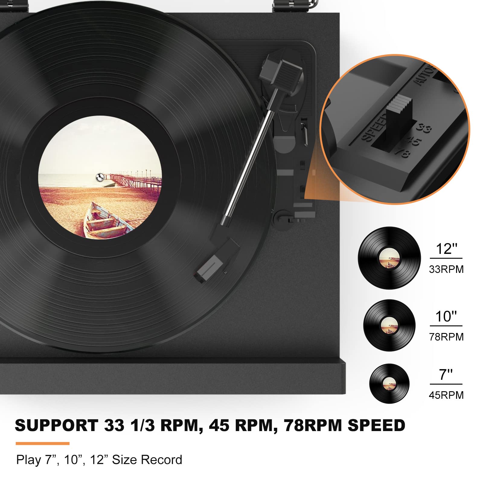 Vinyl Record Player Bluetooth with Built-in Speakers, 3 Speed Belt-Drive Turntable for Vinyl Records, Headphone Jack, RCA Line Out, Auto Stop