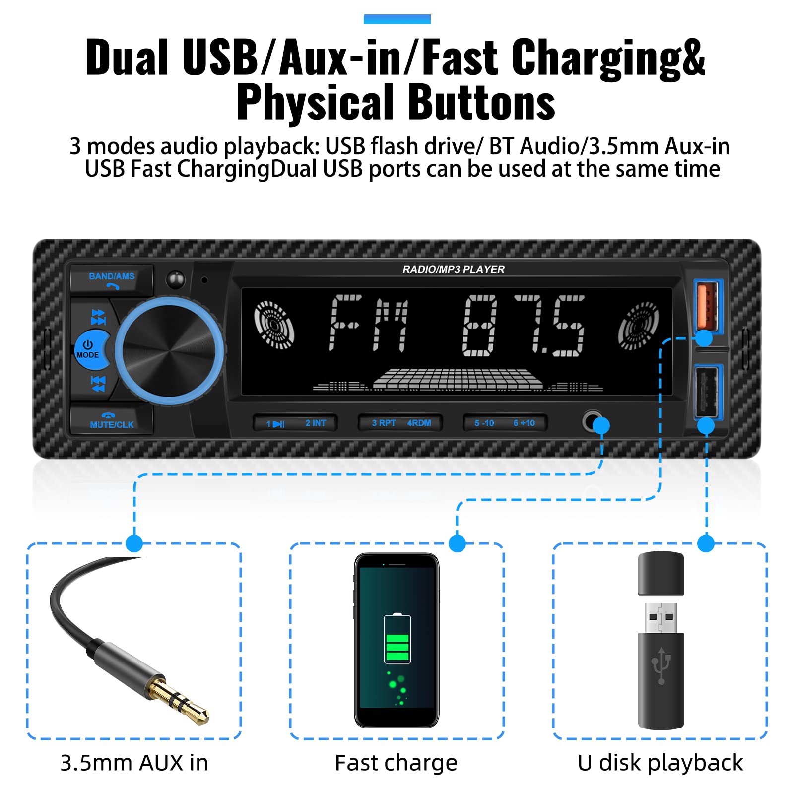 UNITOPSCI Single Din Bluetooth Multimedia Car Stereo Radio Bluetooth Hands-Free Calling Audio Receiver FM Radio Car MP3 Player AUX in/Dual USB Port Digital Media, Fast Charging with Remote Control