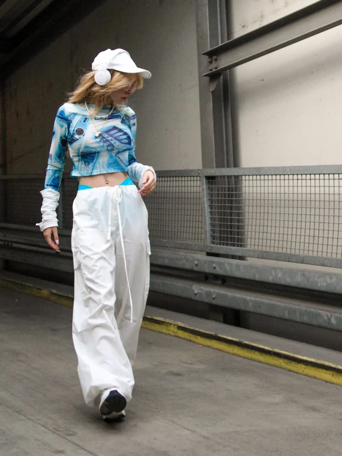 Xineicy Parachute Pants for Women Drawstring Baggy Cargo Pants Y2K Trouser Low Rised Jogger Sweatpants Loose Hip Hop A White
